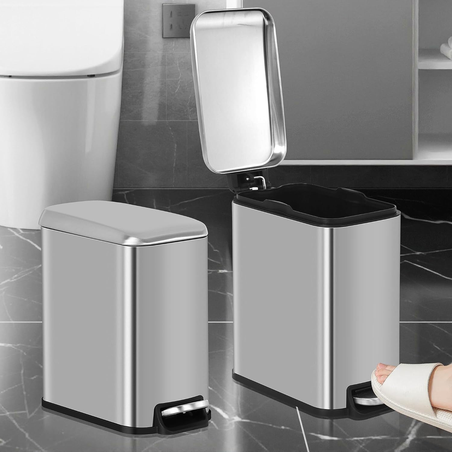 BIQWBIC 10L/2.6 Gallon Stainless Steel Bathroom Trash Can with Lid ...