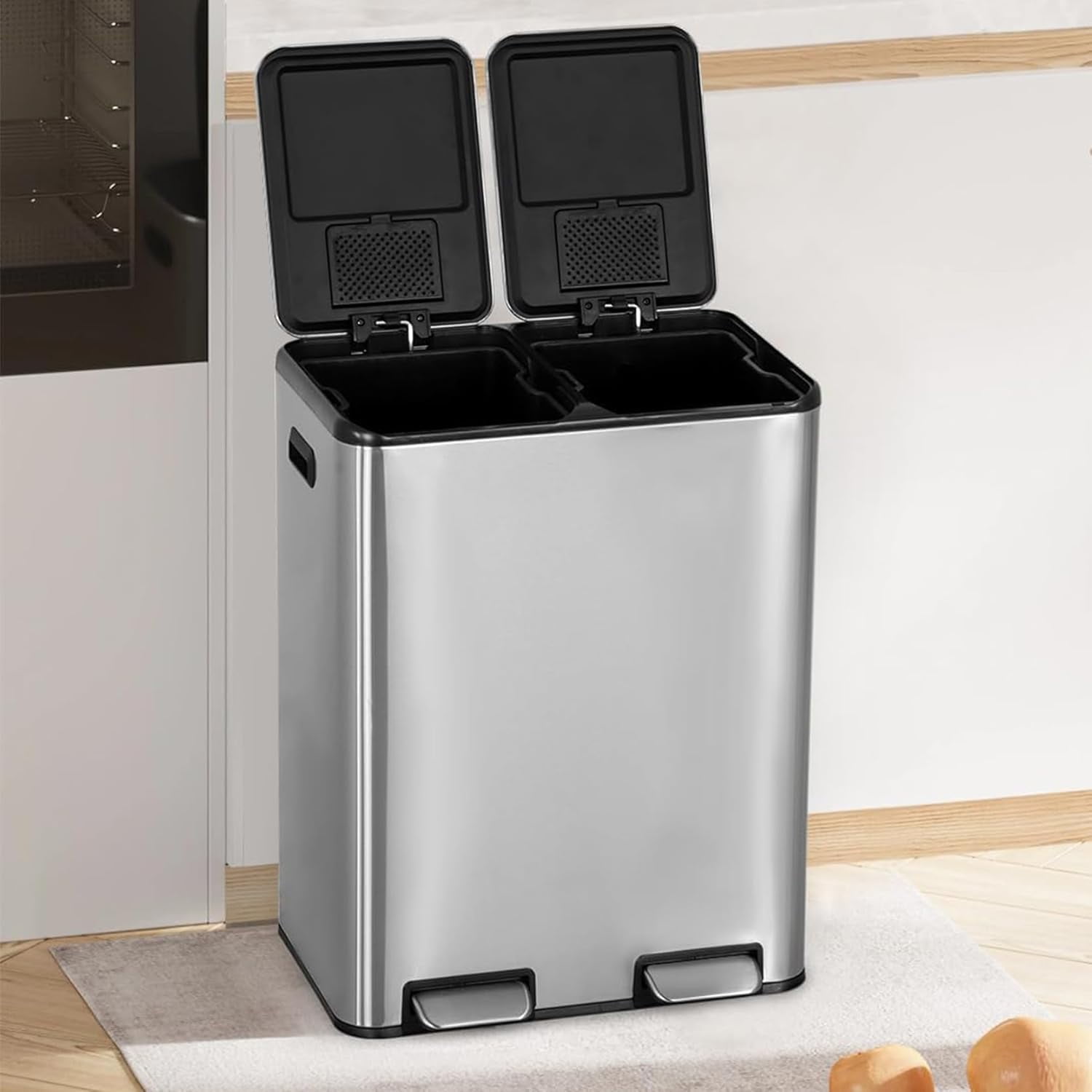 BIQWBIC 16 Gallon Kitchen Trash Can 60L Dual Compartment Stainless ...