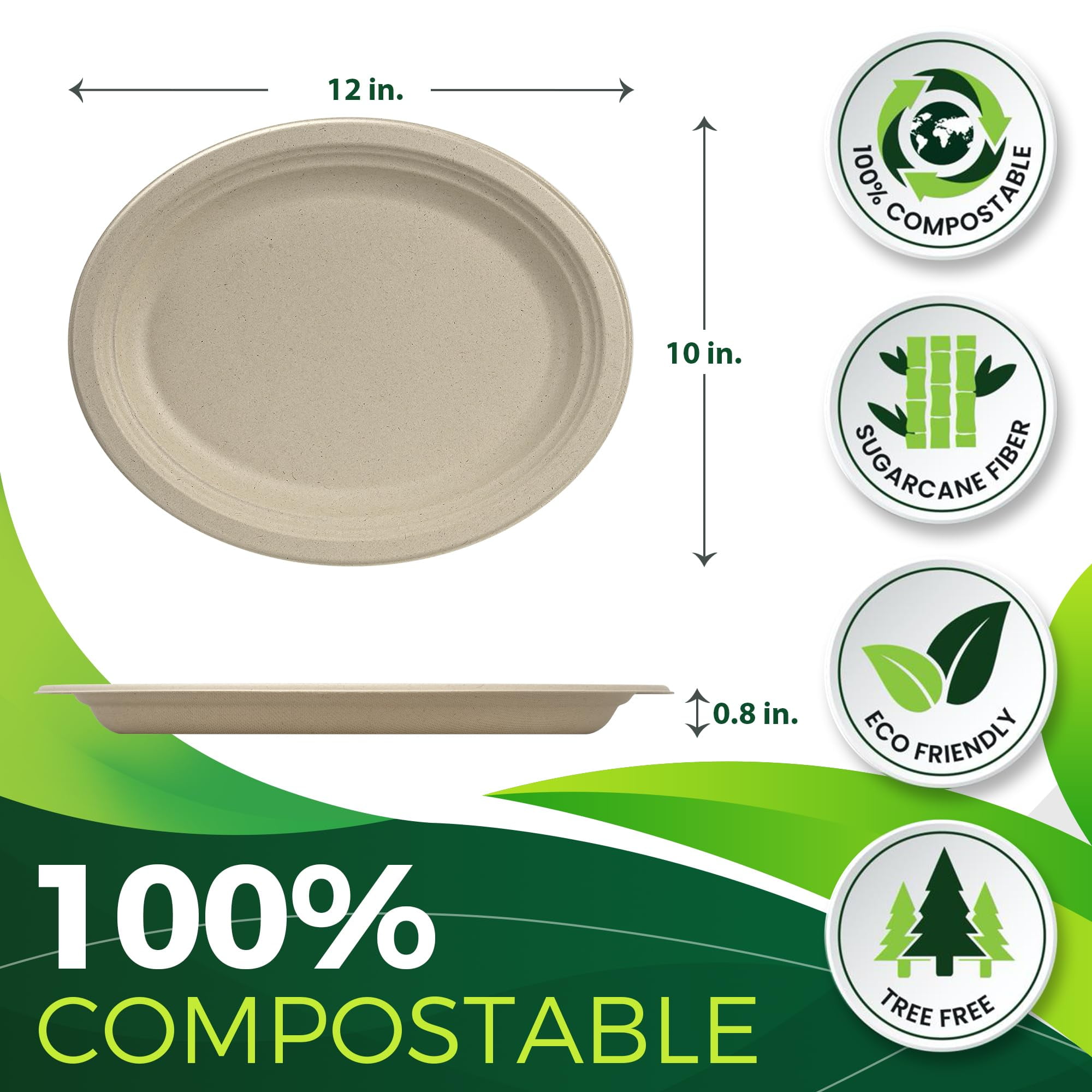 BIRCHIO 100PCS 100% AJH3 Compostable Original Oval Paper Plates(12in ...