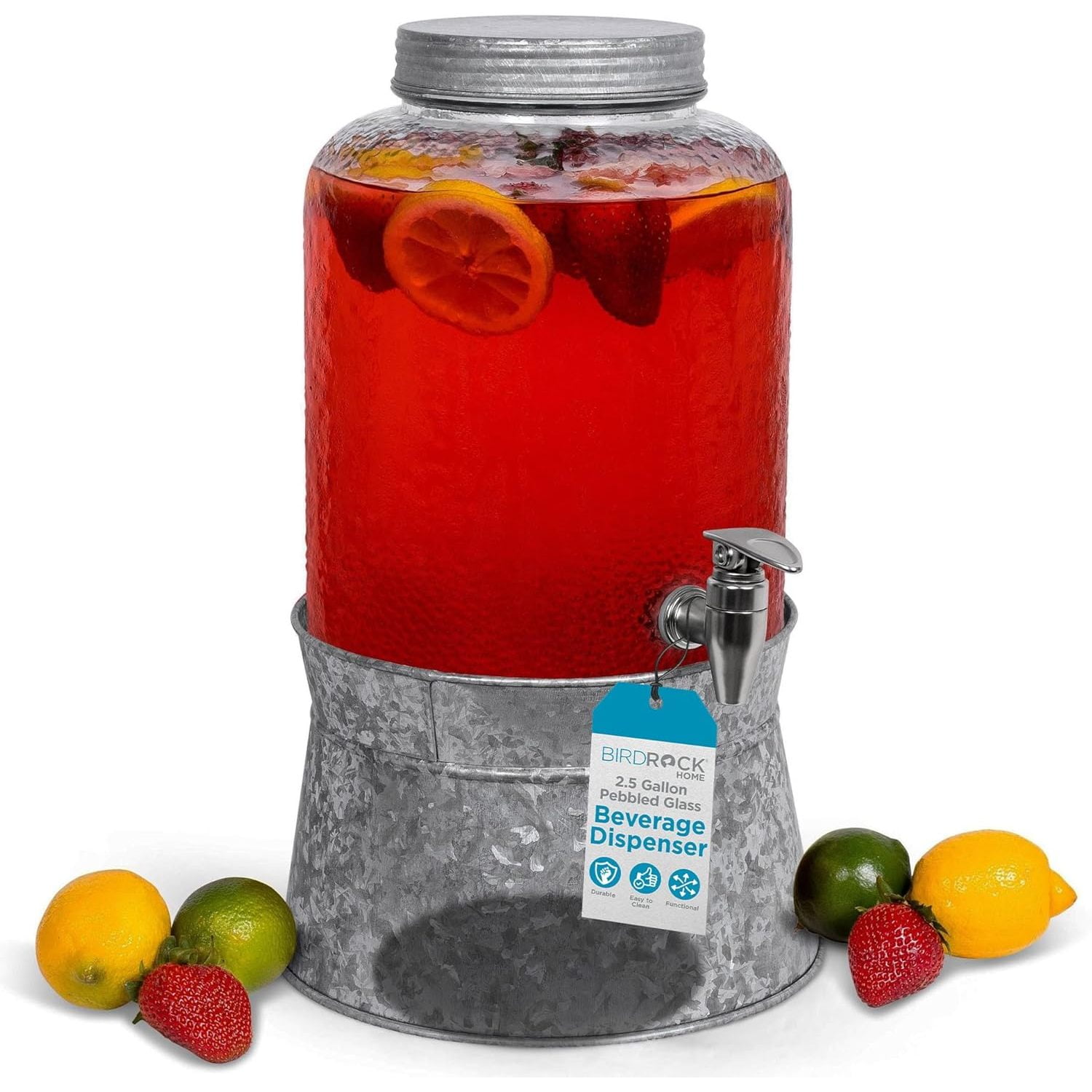 BIRDROCK HOME 2.5 Gallon Pebbled Glass Beverage Dispenser w/Galvanized ...