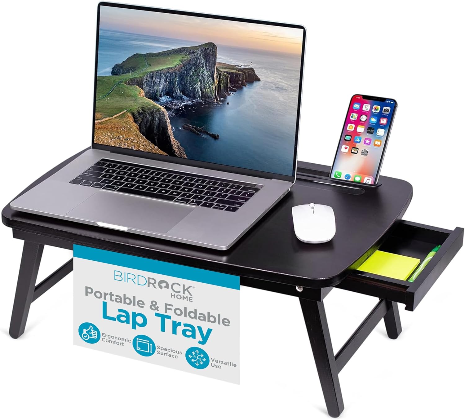 BIRDROCK HOME Bamboo Wood Lap Tray with Foldout Legs, Storage Drawer ...