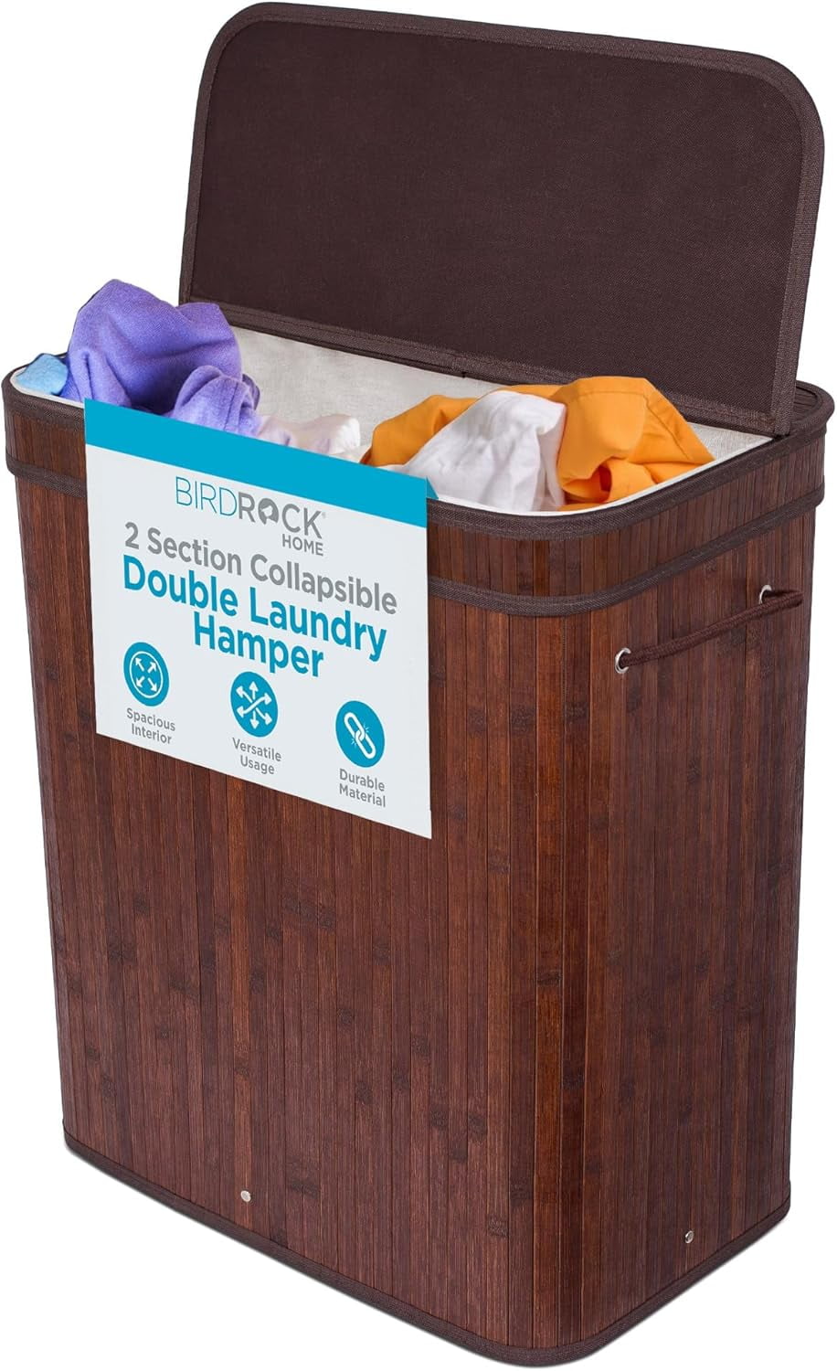 BIRDROCK HOME Double Laundry Hamper with Lid and Cloth Liner - Bamboo ...