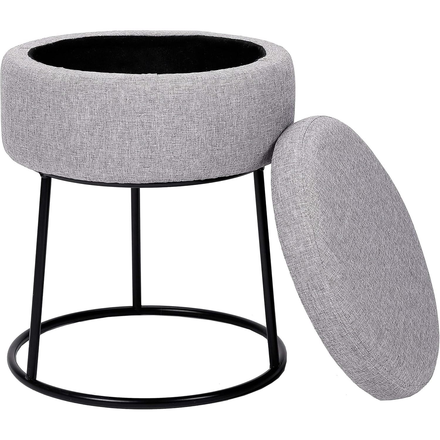 BIRDROCK HOME Grey Linen Storage Stool Ottoman w/Black Metal Leg Base ...