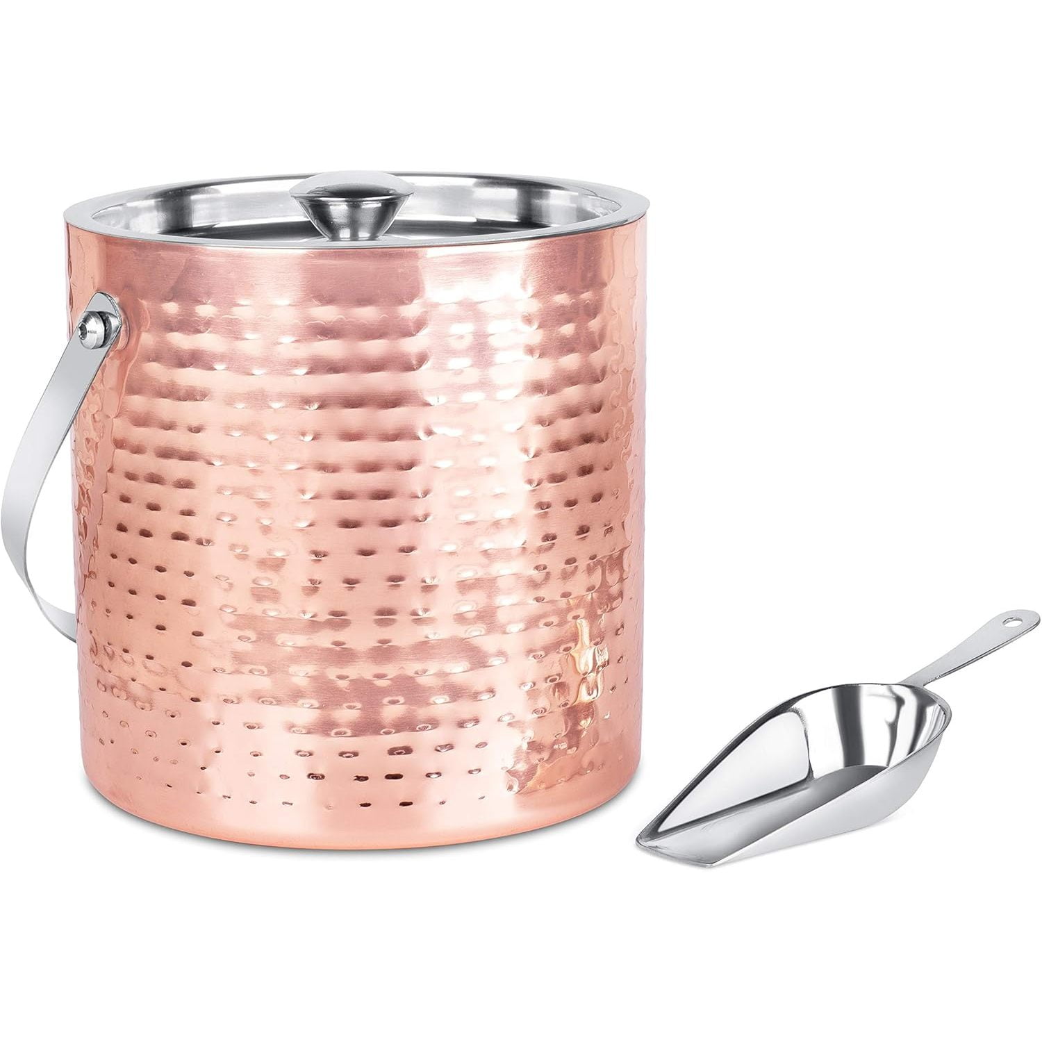 BIRDROCK HOME Ice Bucket with Scoop & Lid - 2.8 Liter Hammered 18/8 ...