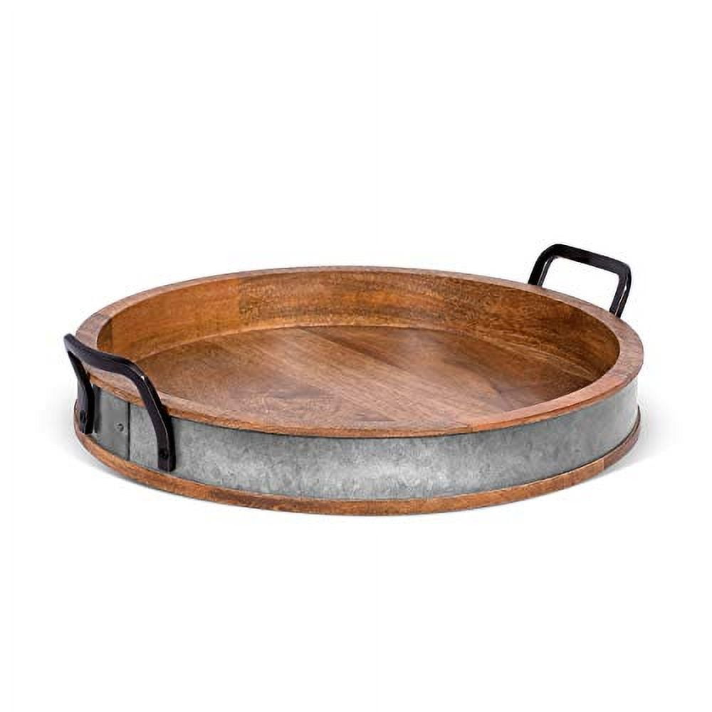 BIRDROCK HOME Large Round Wooden Serving Tray with Handles & Iron ...