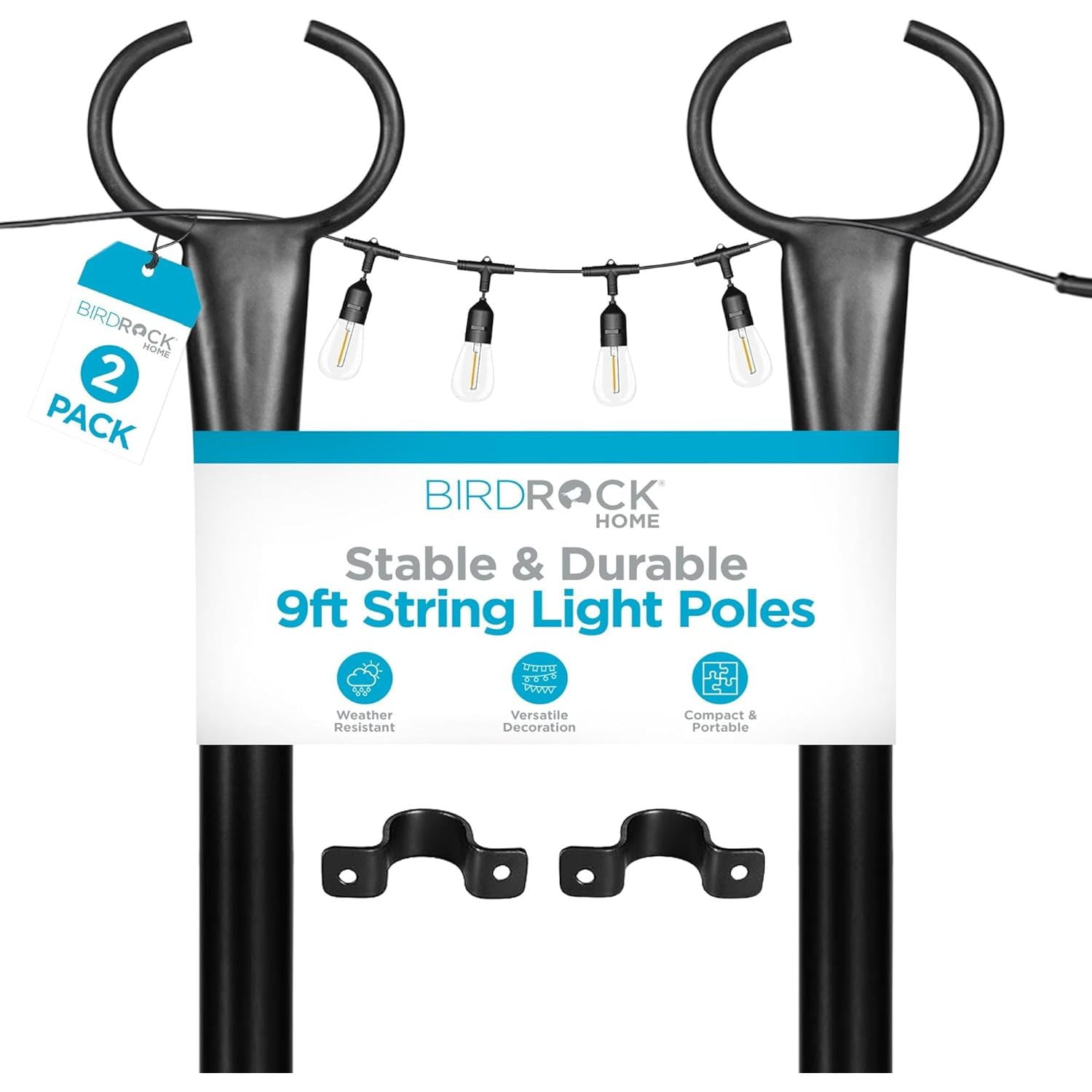 BIRDROCK HOME String Light Poles 9ft - Weather Resistant Metal Posts ...