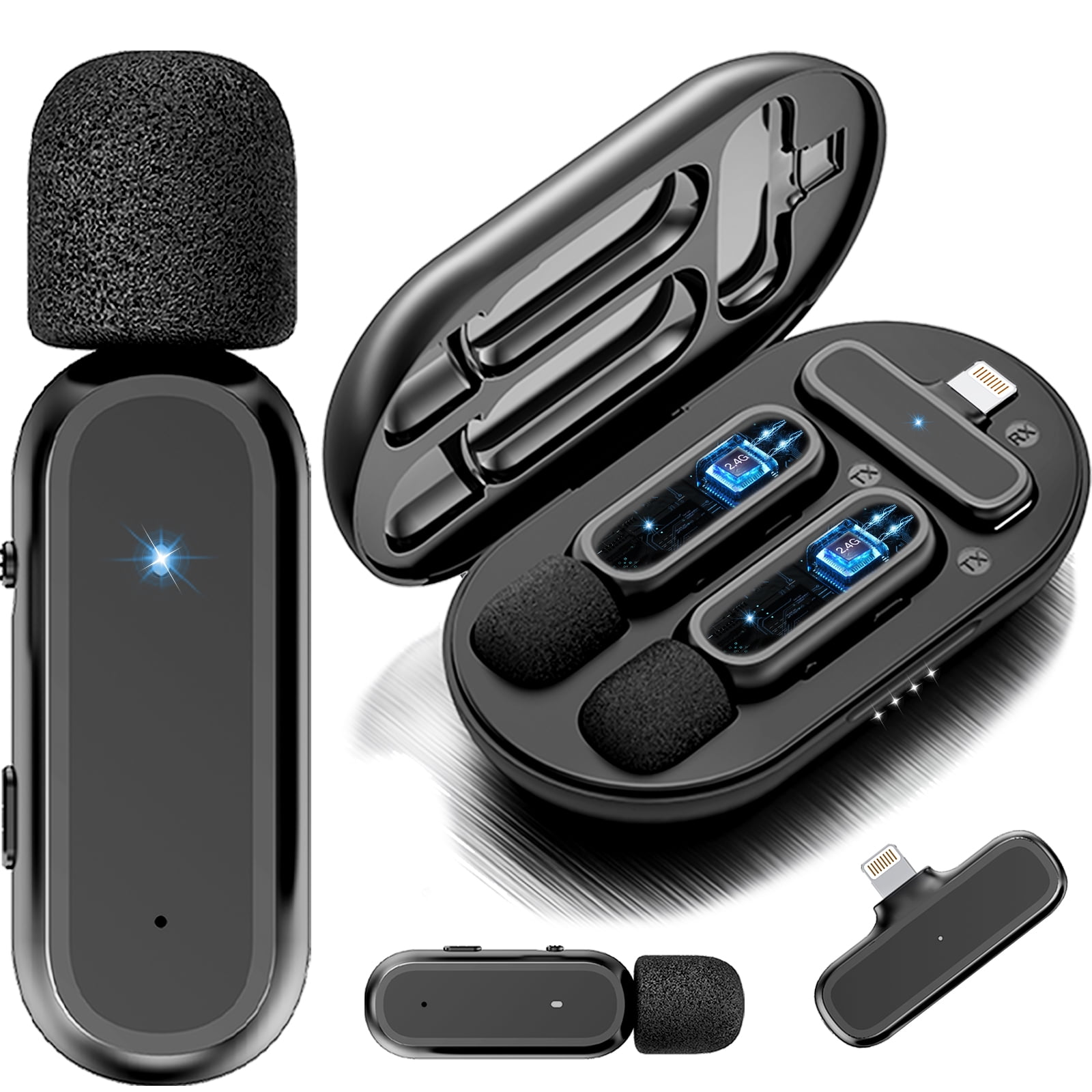 BISHE 2 Pack Wireless Lavalier Microphones for iPhone iPad w/Charging ...