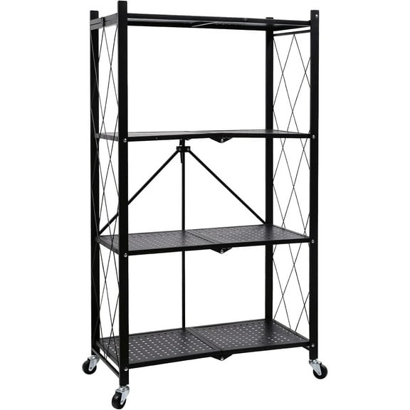 4 Tier Foldable Storage Shelves with Wheels Large Capacity Shelving ...