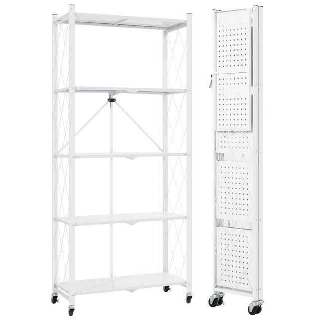 BISHE 5-Shelf Foldable Storage Shelves with Wheels, Heavy Duty Shelving ...