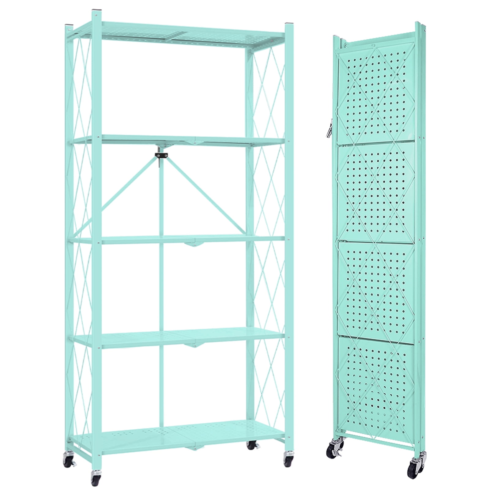 BISHE Tall Utility 5-Shelf Metal Storage Shelves with Wheels, Heavy ...