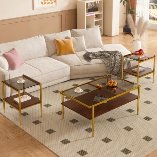 BISHE Coffee Table with Storage, Glass Coffee Table and End Tables for Living Room, Modern ...