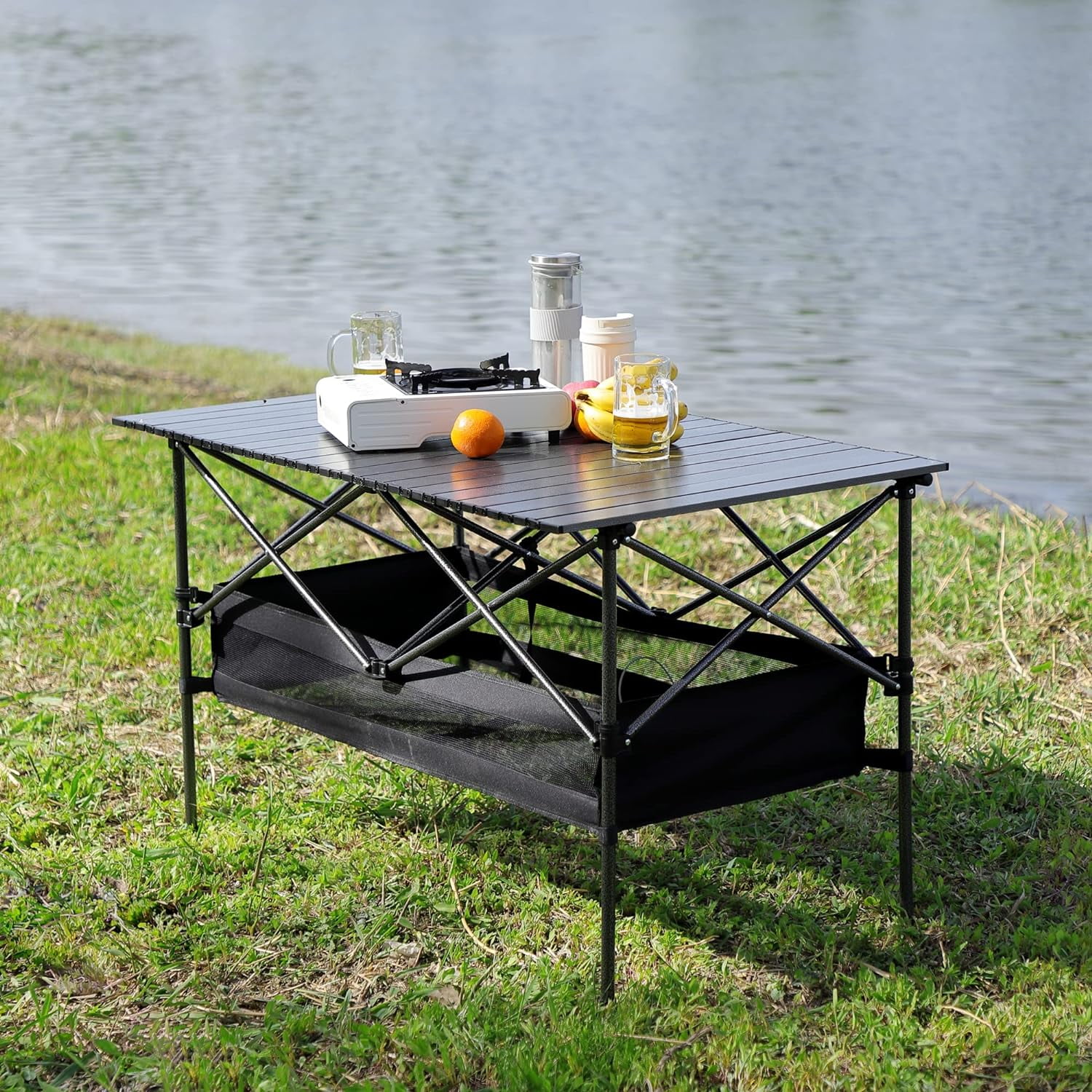 BISHE Folding Outdoor Table, Camping Table with Storage Basket ...