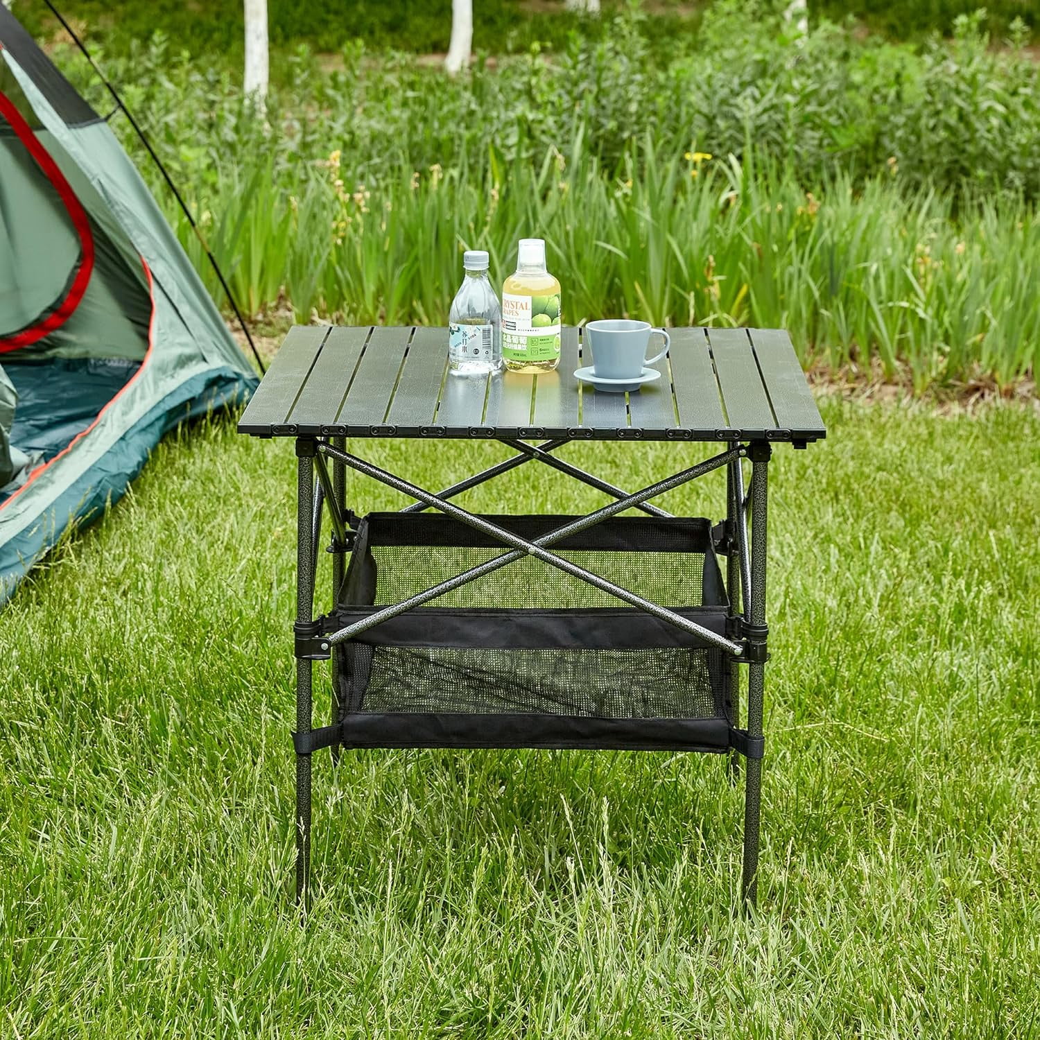 BISHE Folding Outdoor Table, Camping Table with Storage Basket ...