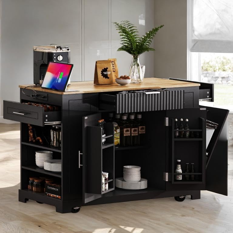 BISHE Kitchen Island with Tilt-Out Trash Cabinet, Drop Leaf, Power ...