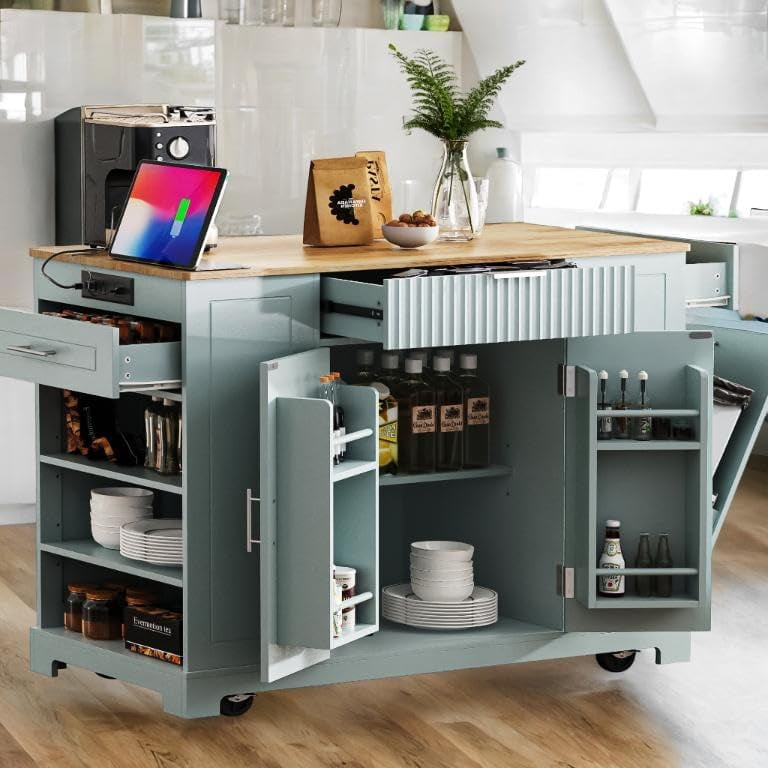 BISHE Kitchen Island with Tilt-Out Trash Cabinet, Drop Leaf, Power ...