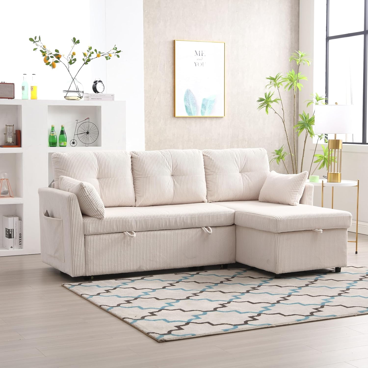 BISHE L-Shaped Sectional Sleeper Sofa, Modular 4-Seater Couch with Pull ...