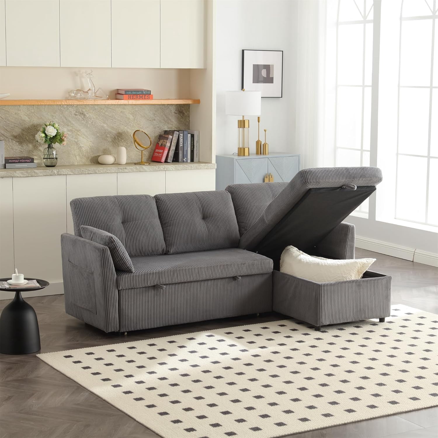 BISHE L-Shaped Sectional Sleeper Sofa, Modular 4-Seater Couch with Pull ...