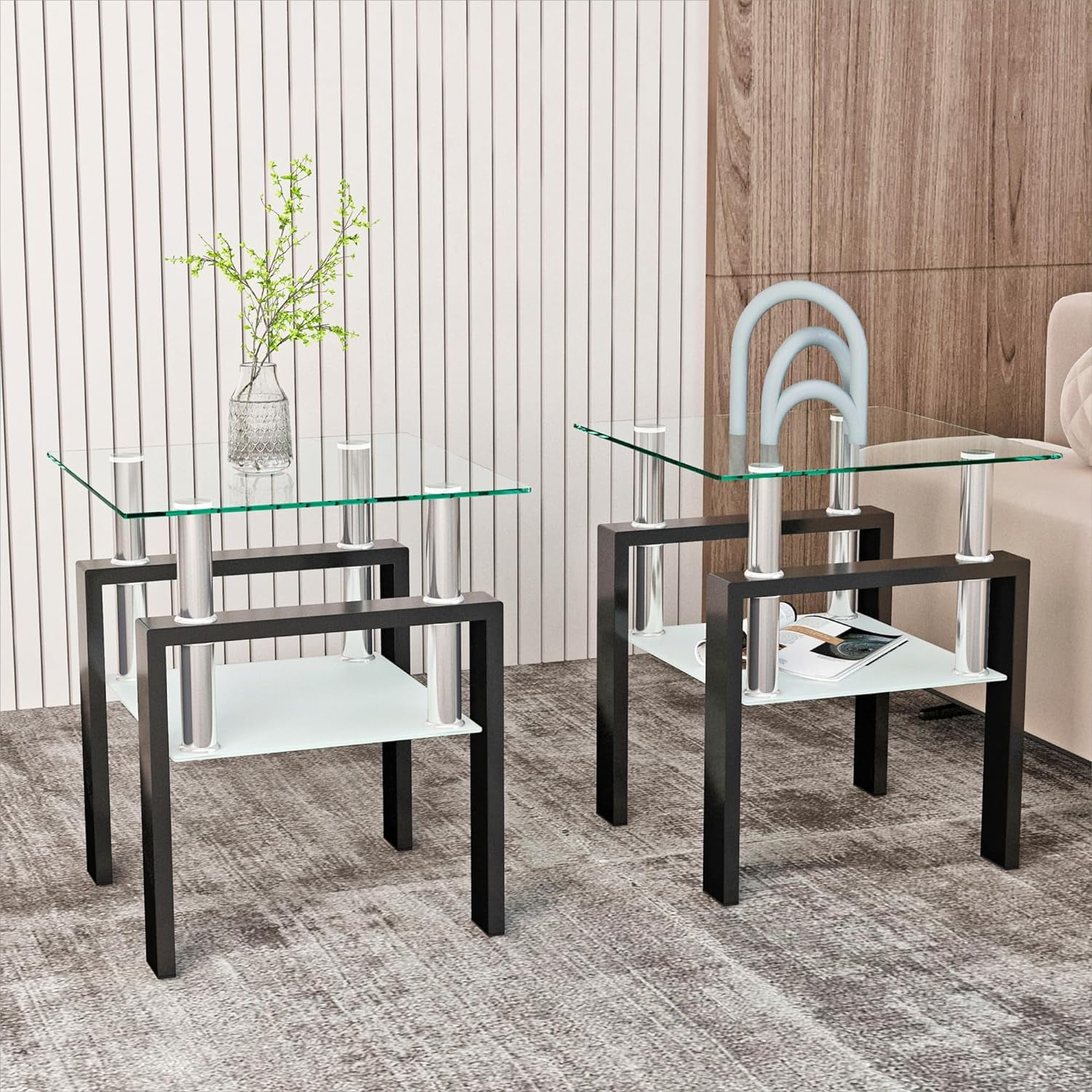 BISHE Set of 2, Glass two layer tea table, small round table, bedroom ...