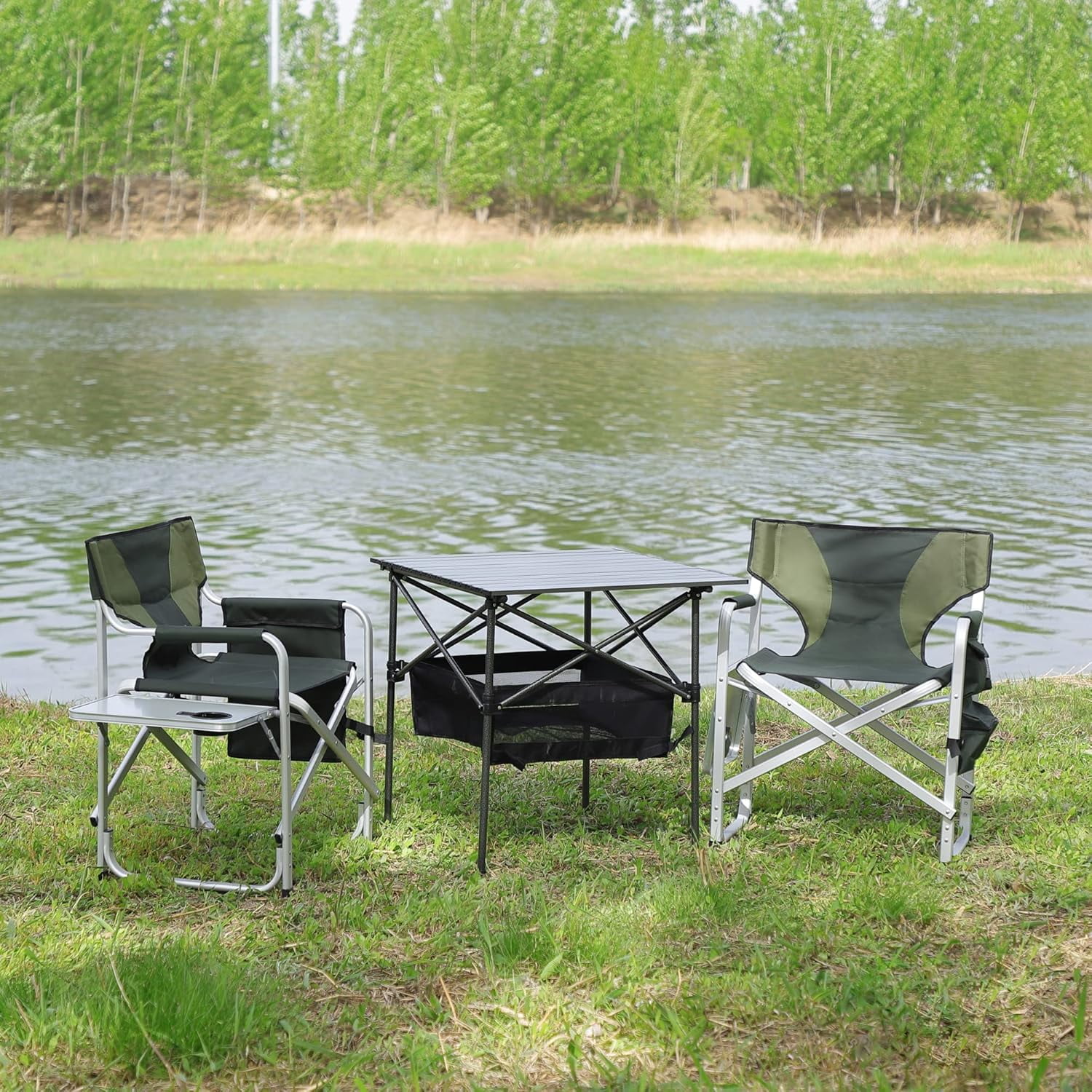 BISHE Set of 3, Folding Outdoor Medium Size Table and Chairs Set for Indoor, Outdoor Camping ...