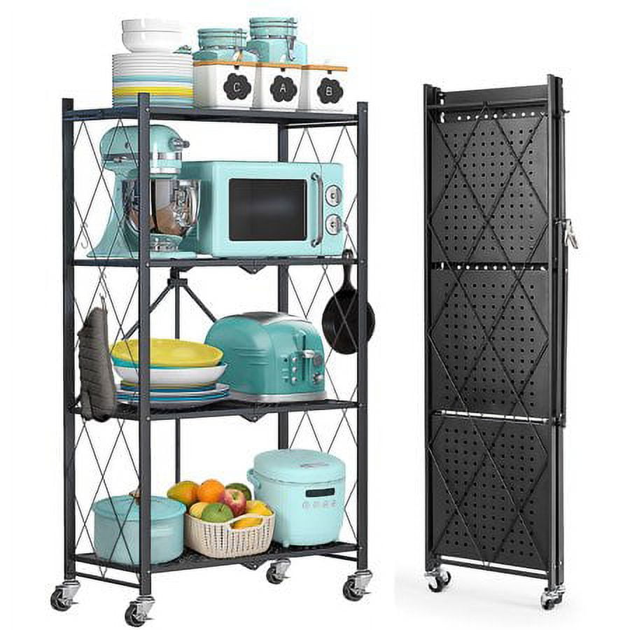 BISHE Storage Shelving Unit,4 Tier Foldable Storage Shelf with Wheels ...