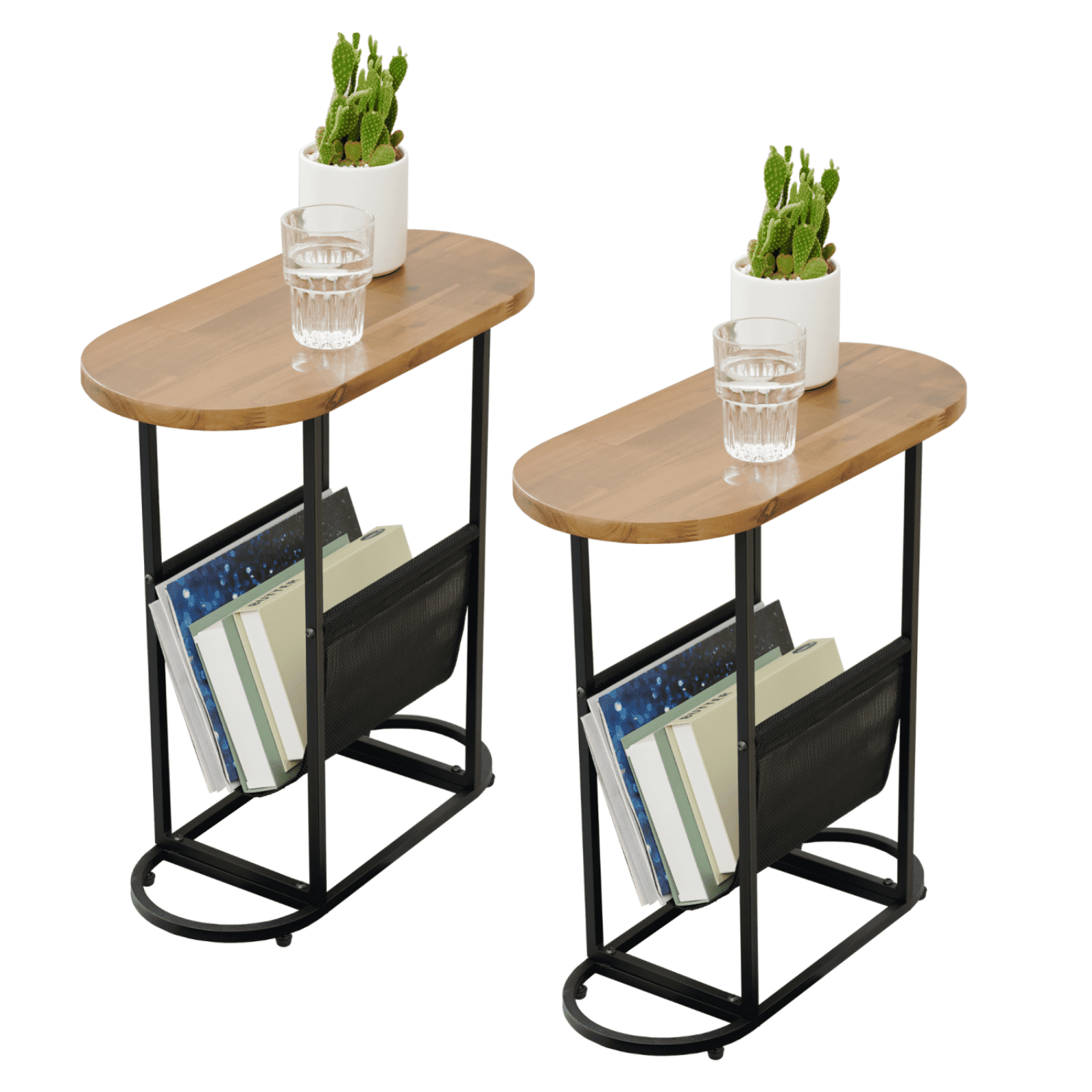 BISHE Wood Oval Side Table Set of 2, Small End Table with Magazine Rack ...