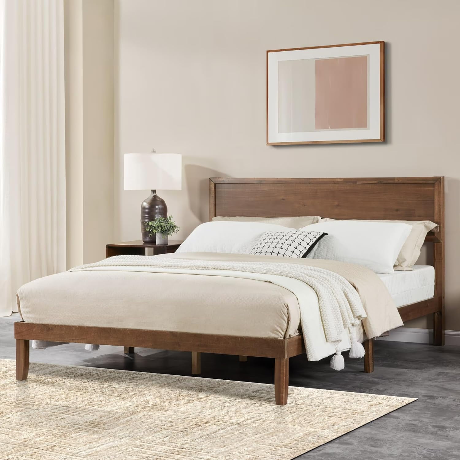 BISHE Wood Queen Size Bed Frame,Wooden Queen Platform Bed Frame with ...
