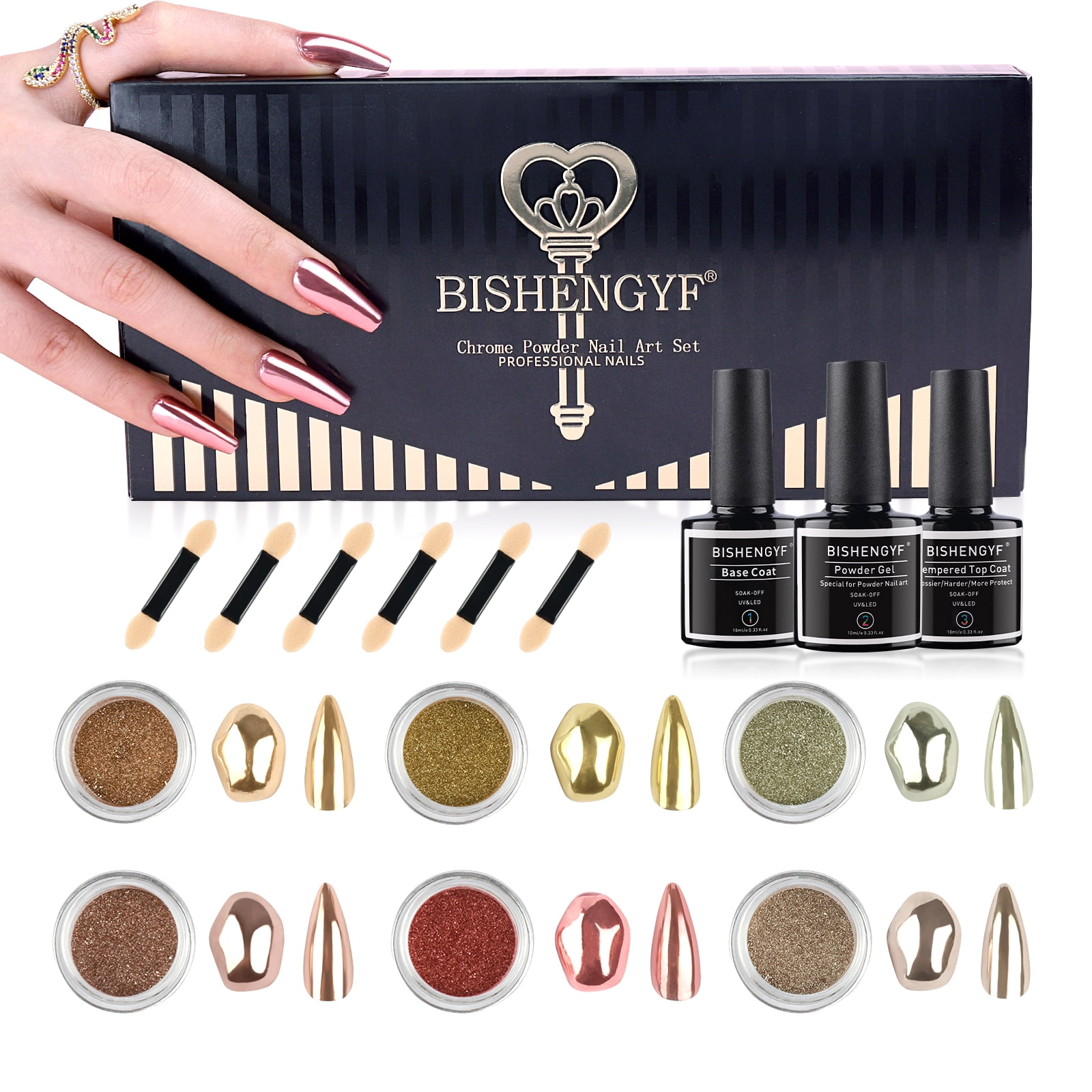 BISHENGYF 6 Box Chrome Nail Powder Set, Base/ Top Coat/Powder Gel ...
