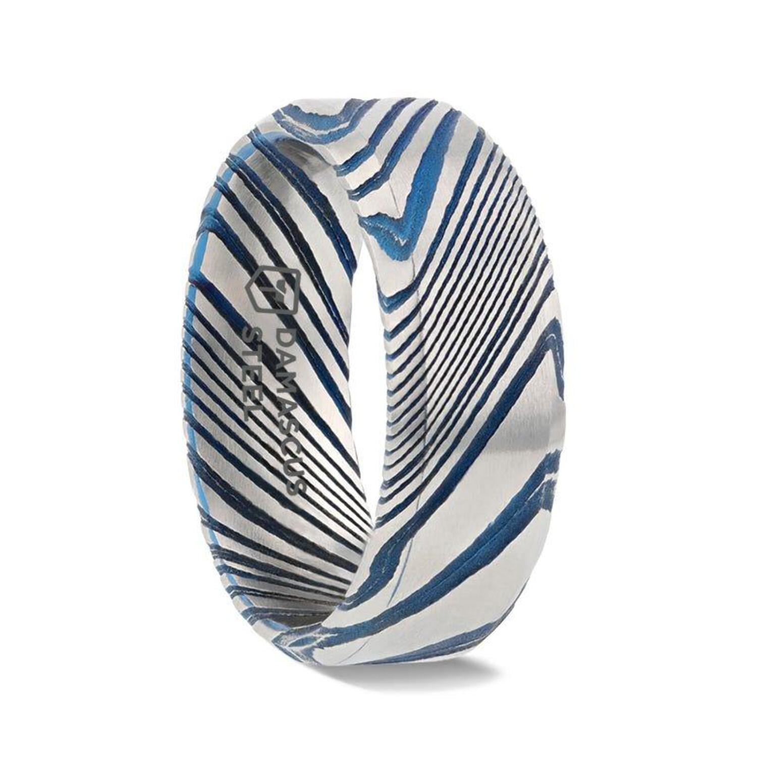 BISMAN Blue Beveled Brushed Damascus Steel Men’s Wedding Band with A ...