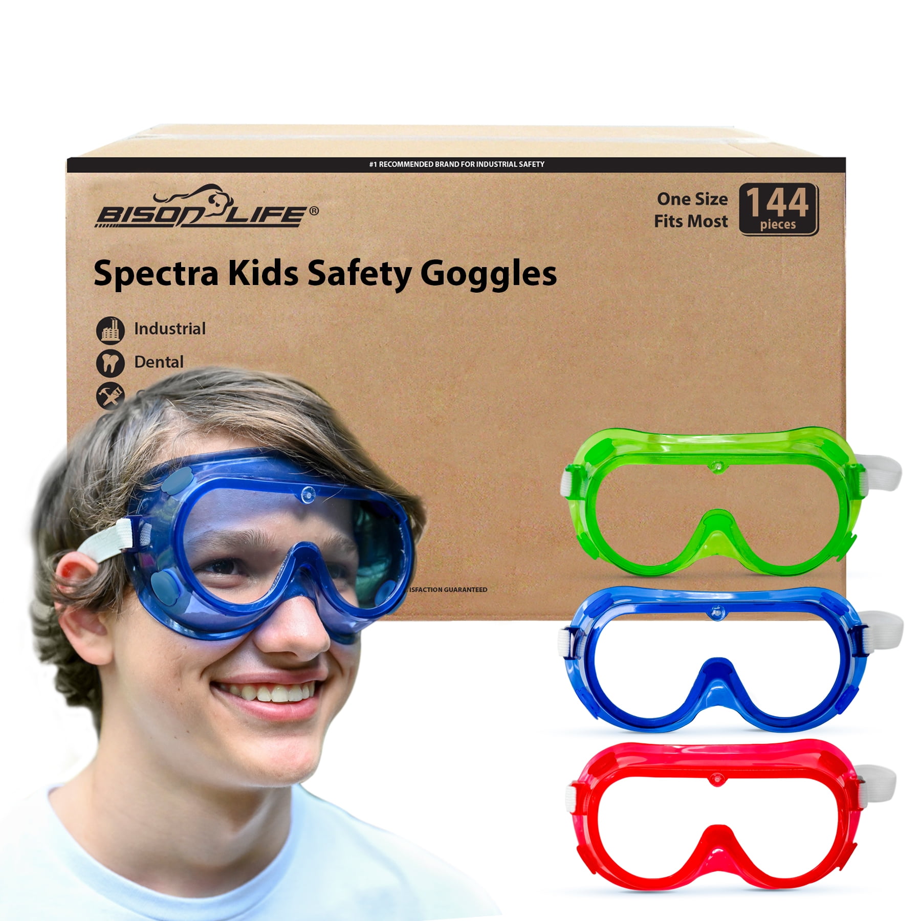 BISON LIFE Spectra Kids Safety Goggles, Red, Green & Blue Colors (144 ...