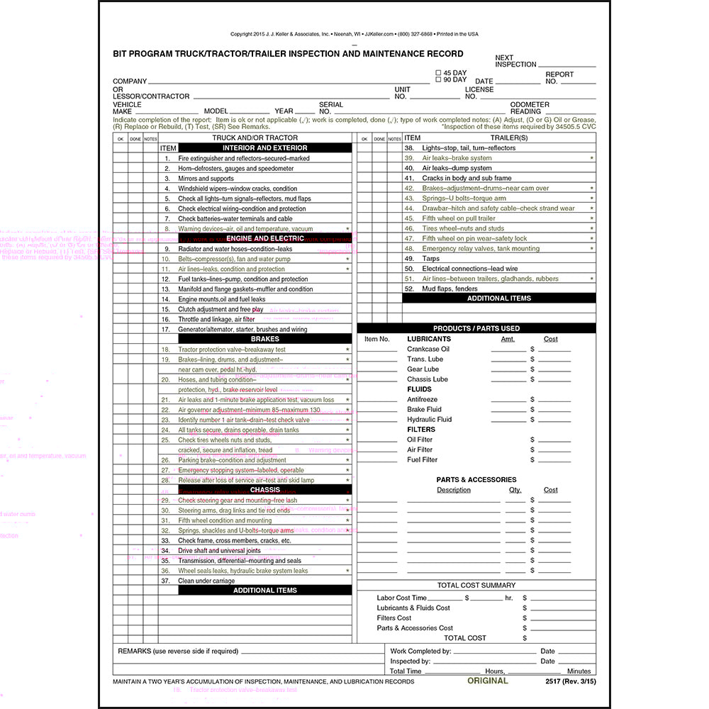 BIT Program Tractor/Trailer/Truck Inspection & Maintenance Record Form ...