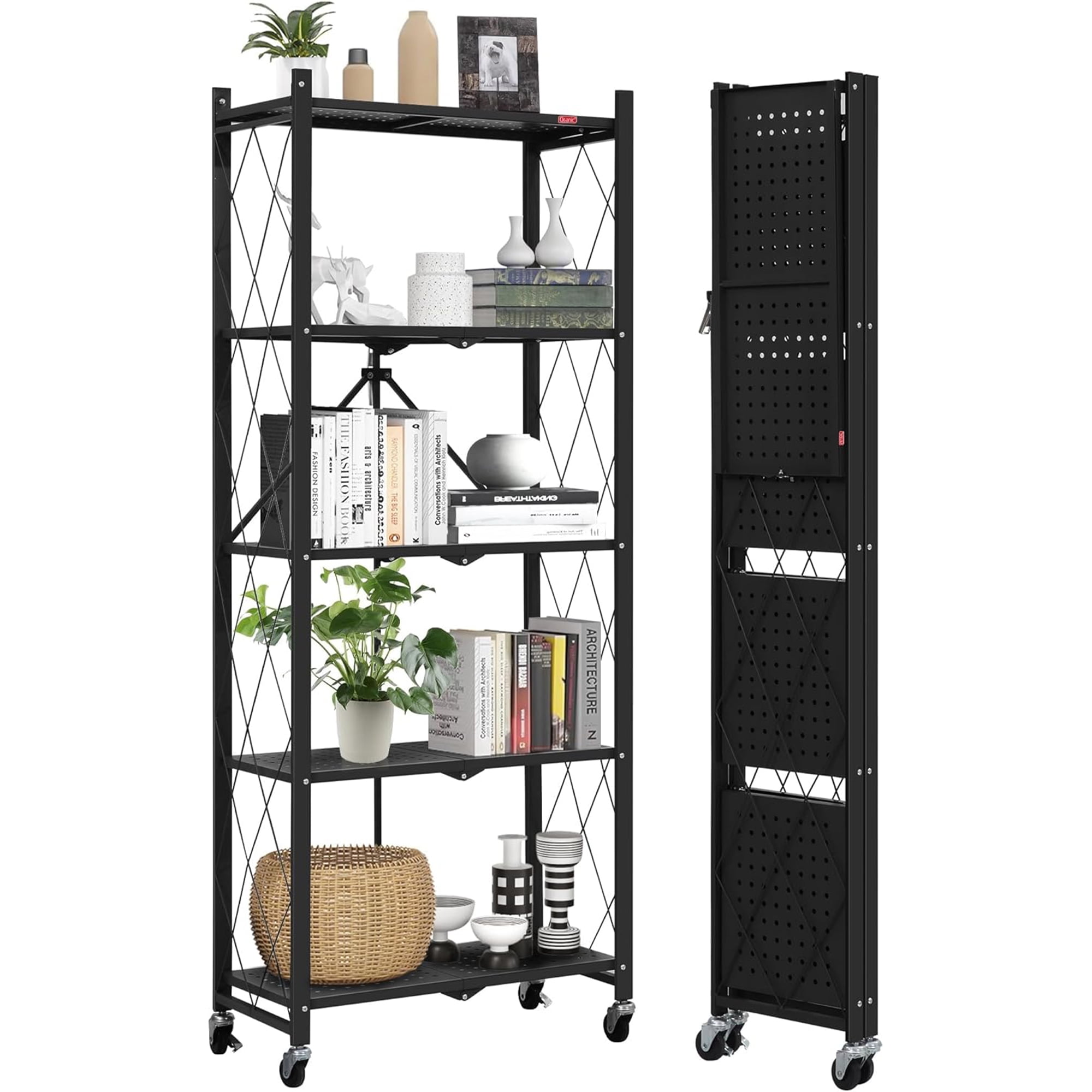 BITOUSHI 5-Tier Foldable Storage Shelf with Wheels, No Assembly Metal ...