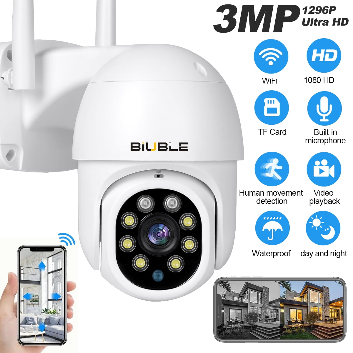 BIUBLE 3MP 1080 HD Wireless Home Security Camera with 2-Way Audio ...