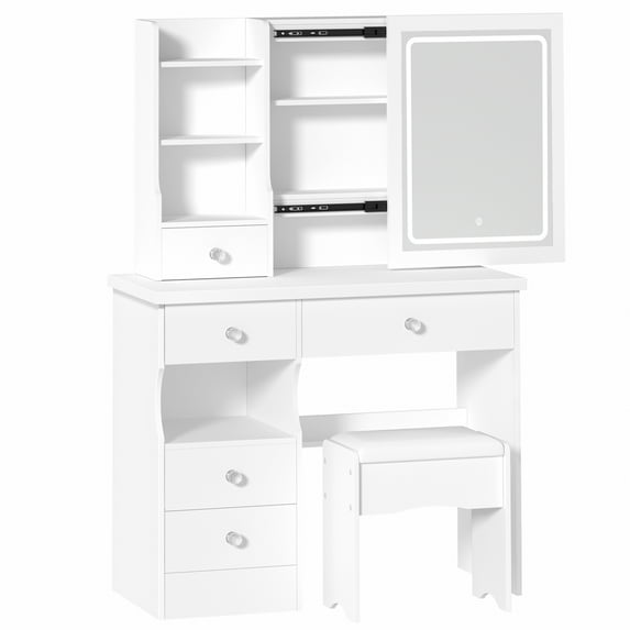 BIWEIBO LED Vanity Desk with Stool, 5 Drawers Makeup Table, Hidden ...