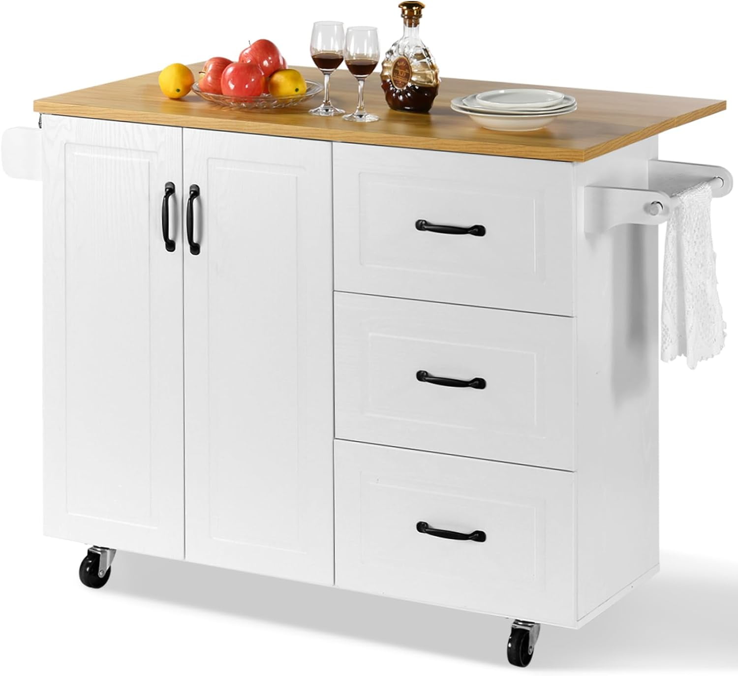 BIZFURN Kitchen Island with Drop Leaf & 3 Drawers, 51” Portable Kitchen ...