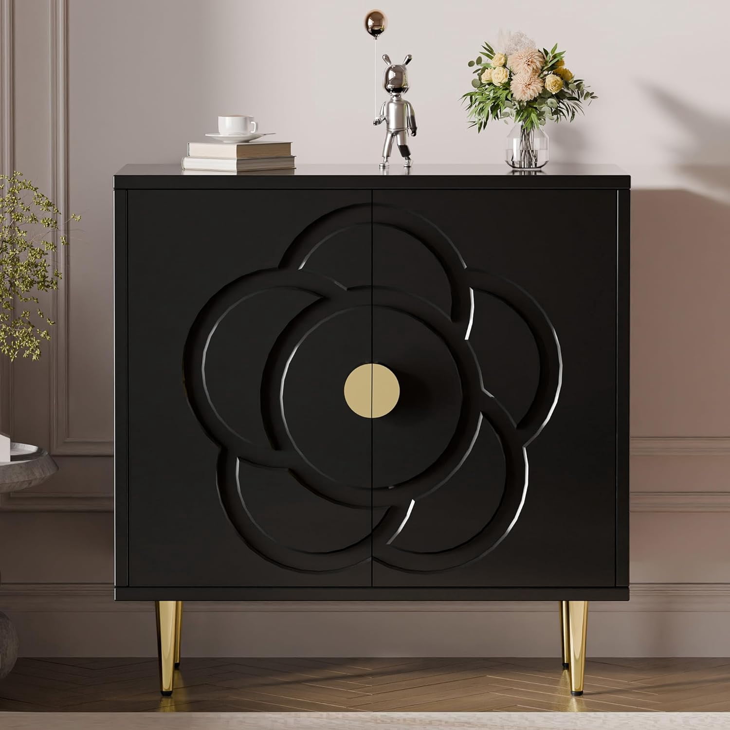 BIZFURN Storage Cabinet, Modern Cabinet with Decorative Flower Pattern ...