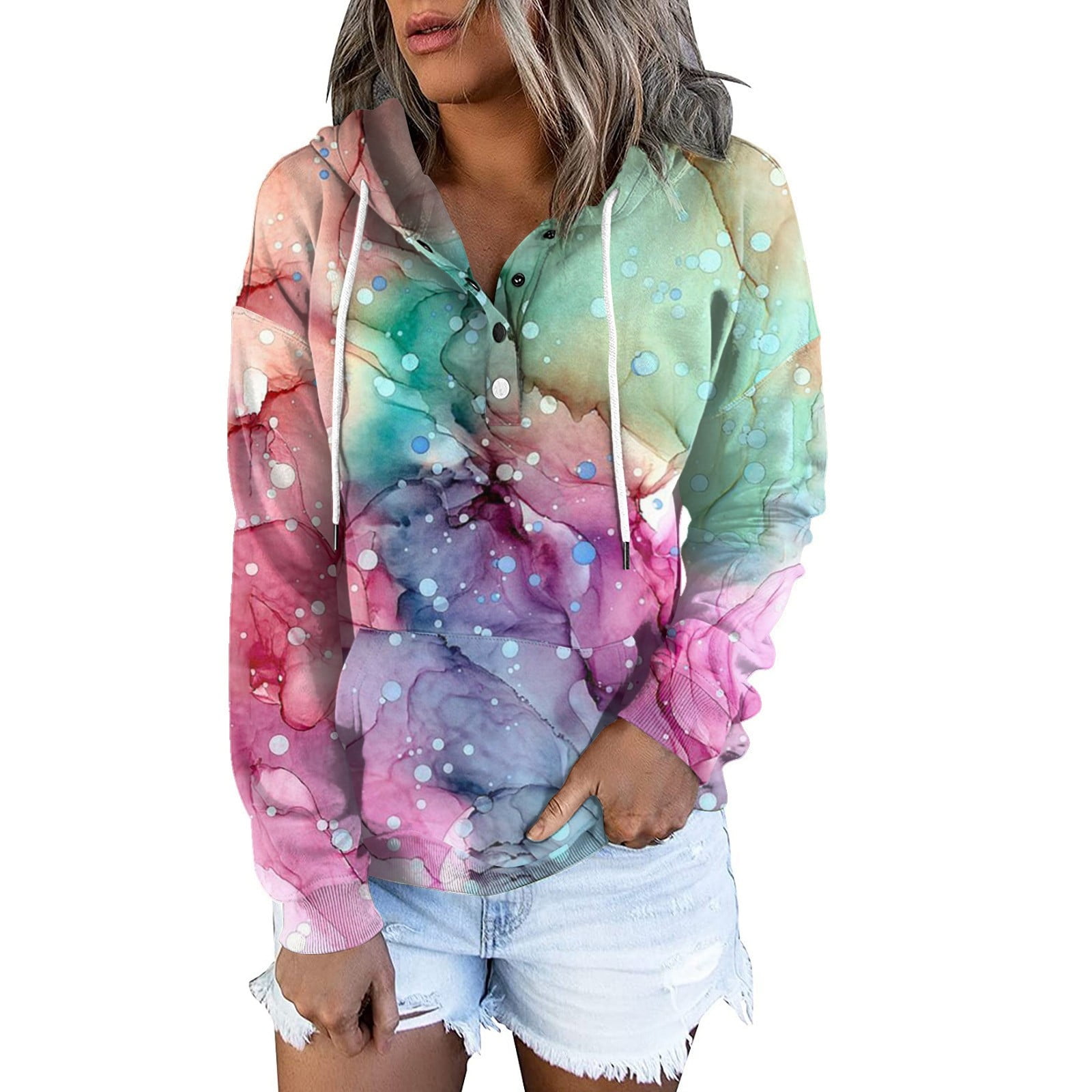 BIZIZA Hippie Hoodie Fall Button Up Down Women's Long Sleeve Crew Neck ...