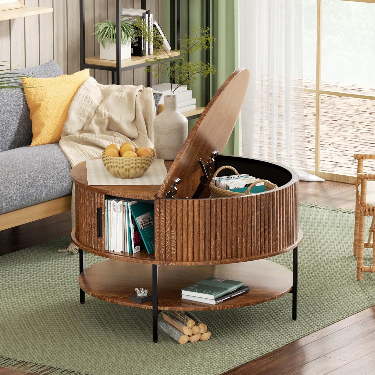 BIZOEIRON Walnut Coffee Table with Storage, 31.5“ Round Flip Top Coffee Table, Wood Circle ...