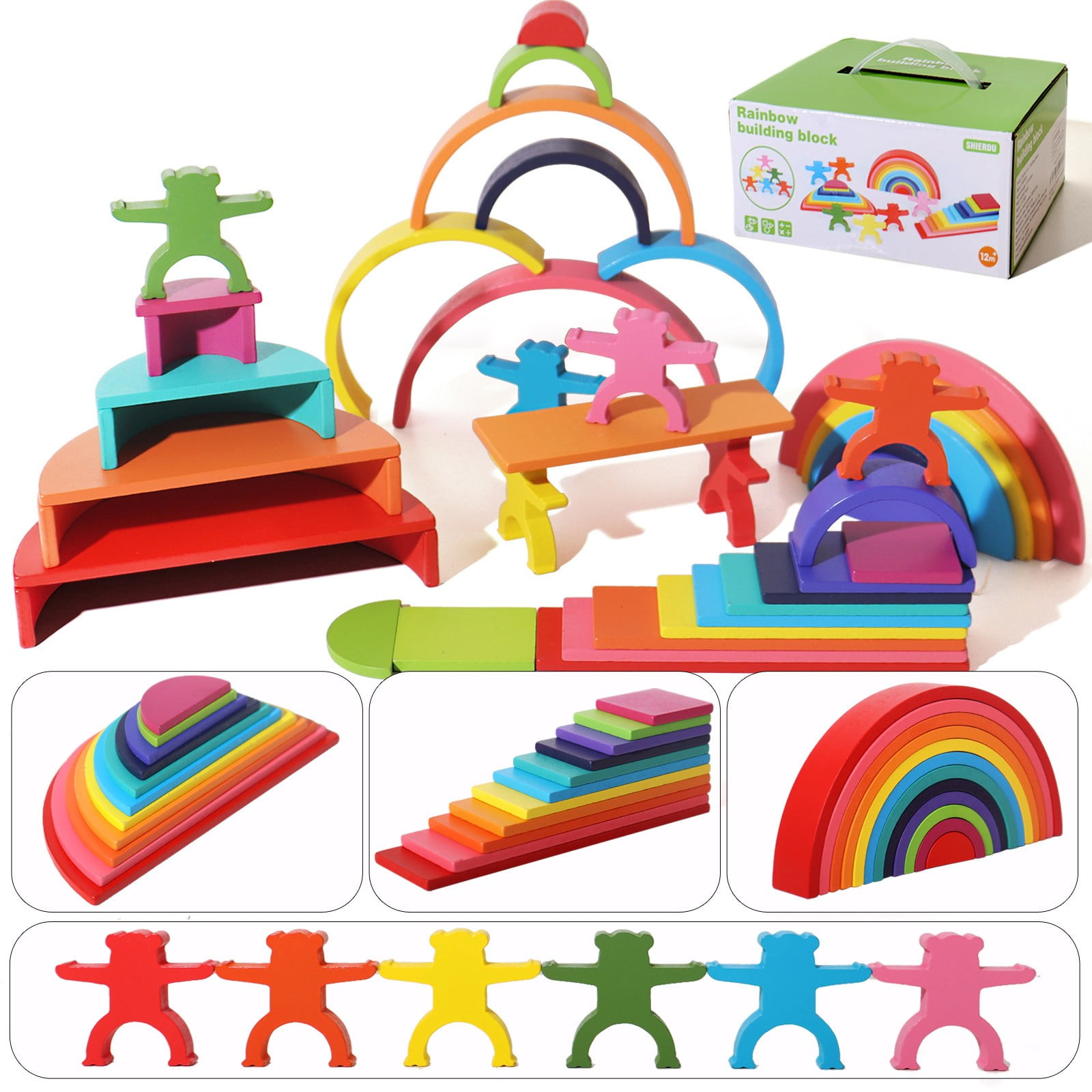 BJBSJSZ 40 Piece Wooden Rainbow Stack Set, 4-in-1 Building Blocks Early ...