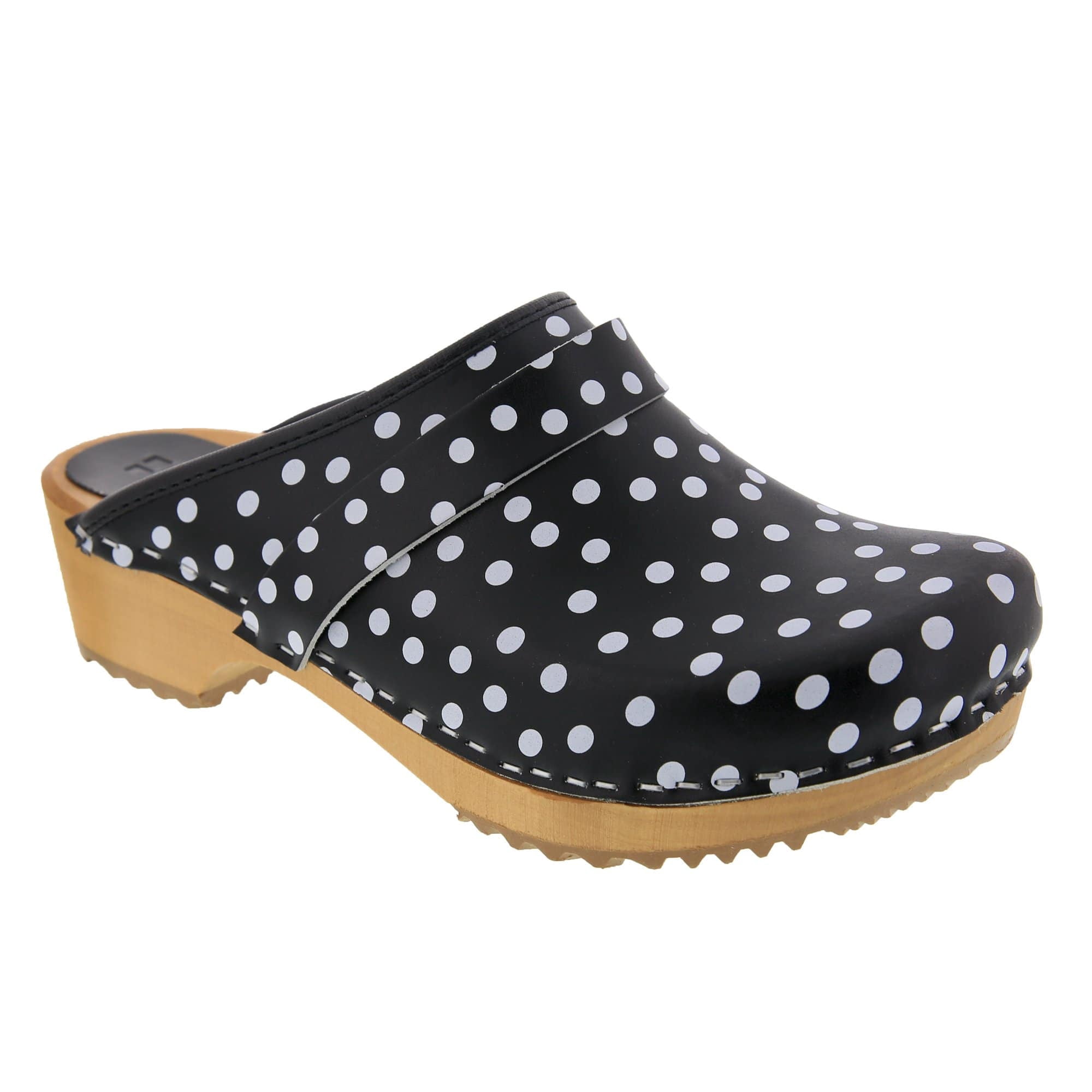 BJORK Maja Open Back Wood Leather Clogs (Black Polka Dots - EU38 ...