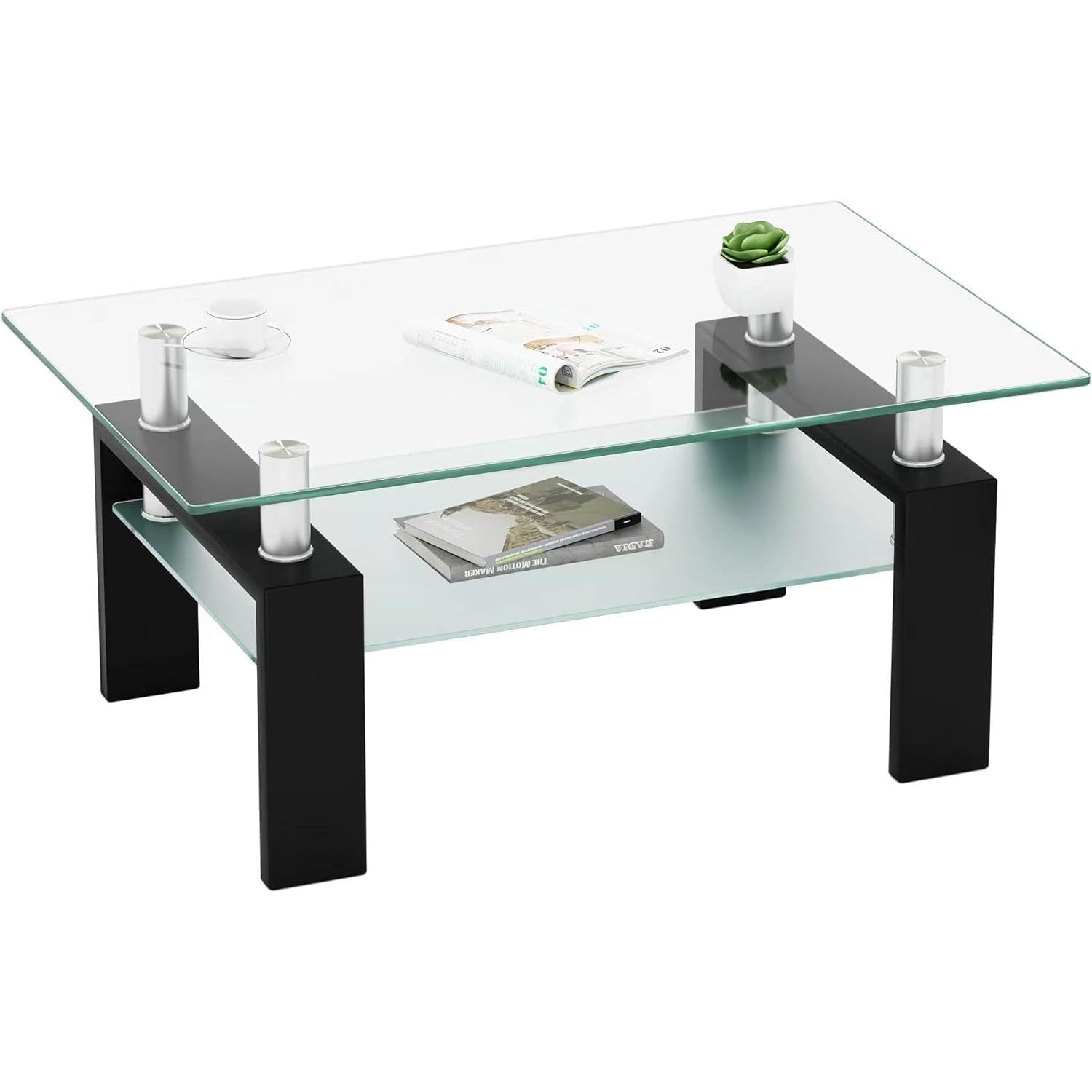 BJSN Clear Glass Coffee Table Metal Tube Center Table for Livingroom ...