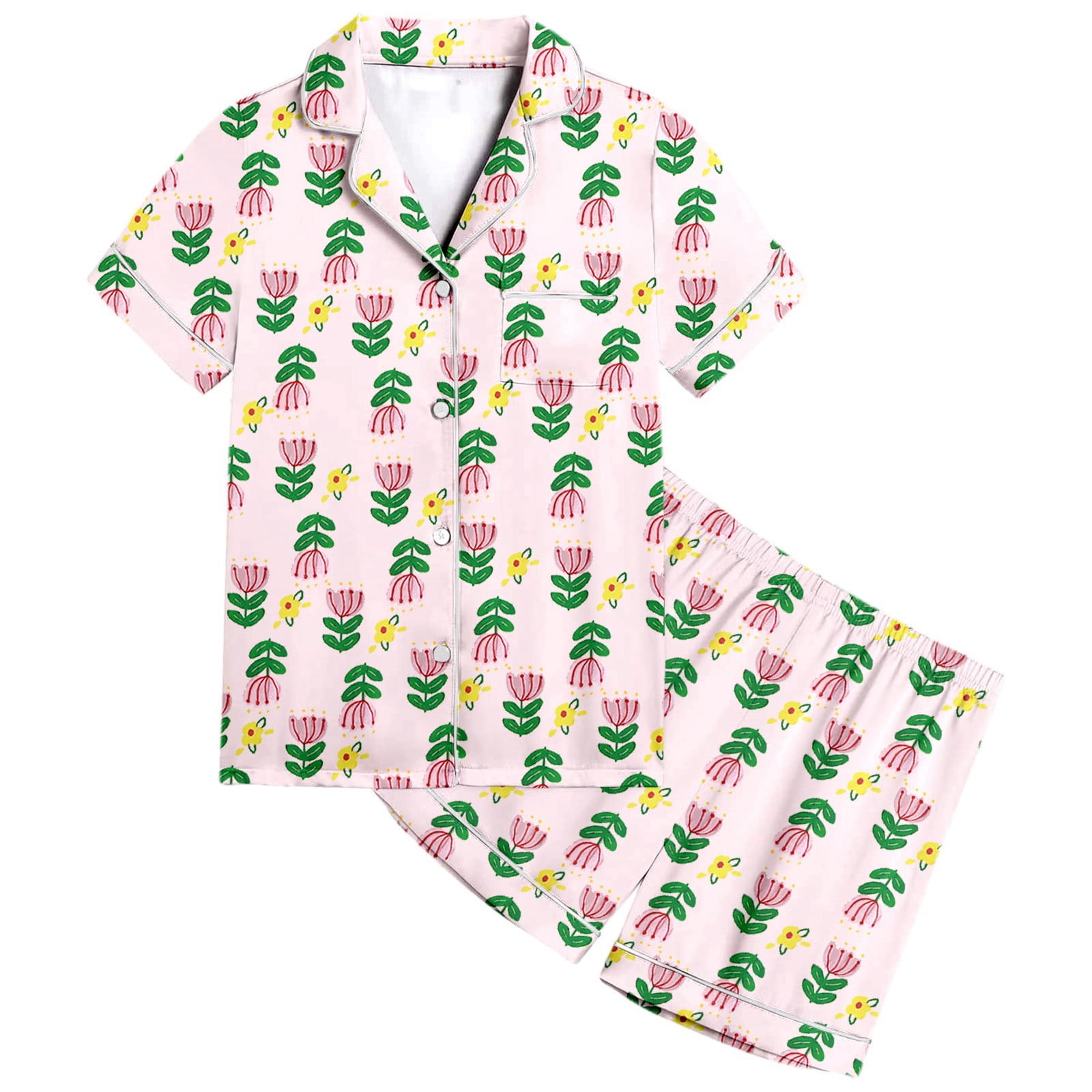 BJUTIR Girls Pajamas Set Flowery Printed Short Sleeve Button Down ...