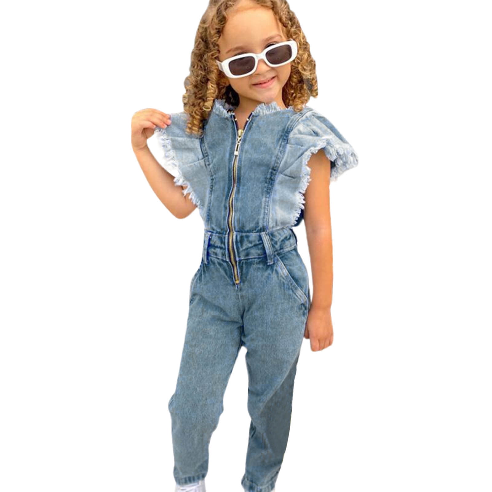 BJUTIR Toddler Girls Summer Flying Sleeve Jumpsuit Solid Color Jean ...