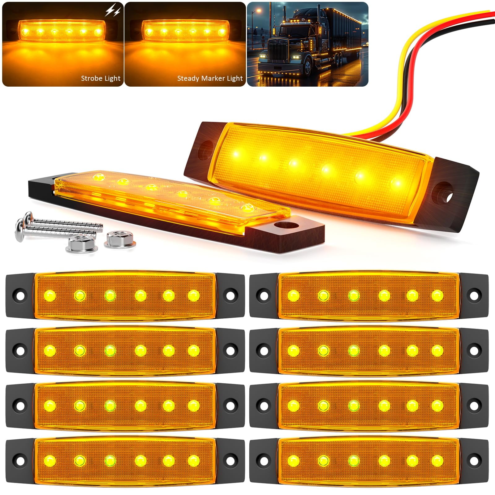 BJZ 3.8" Strobe+Steady Marker IFF17 Lights Strip Dual Amber Trailer LED Side Clearance Tail ...