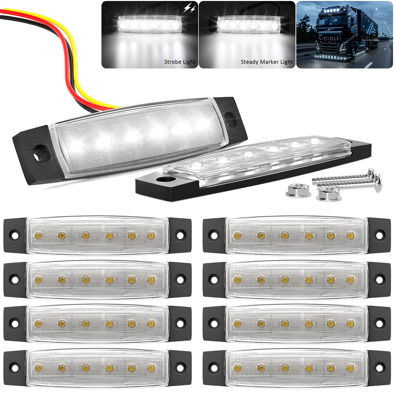 BJZ 3.8" Strobe+Steady Marker Strip Dual Function White Trailer LED ...