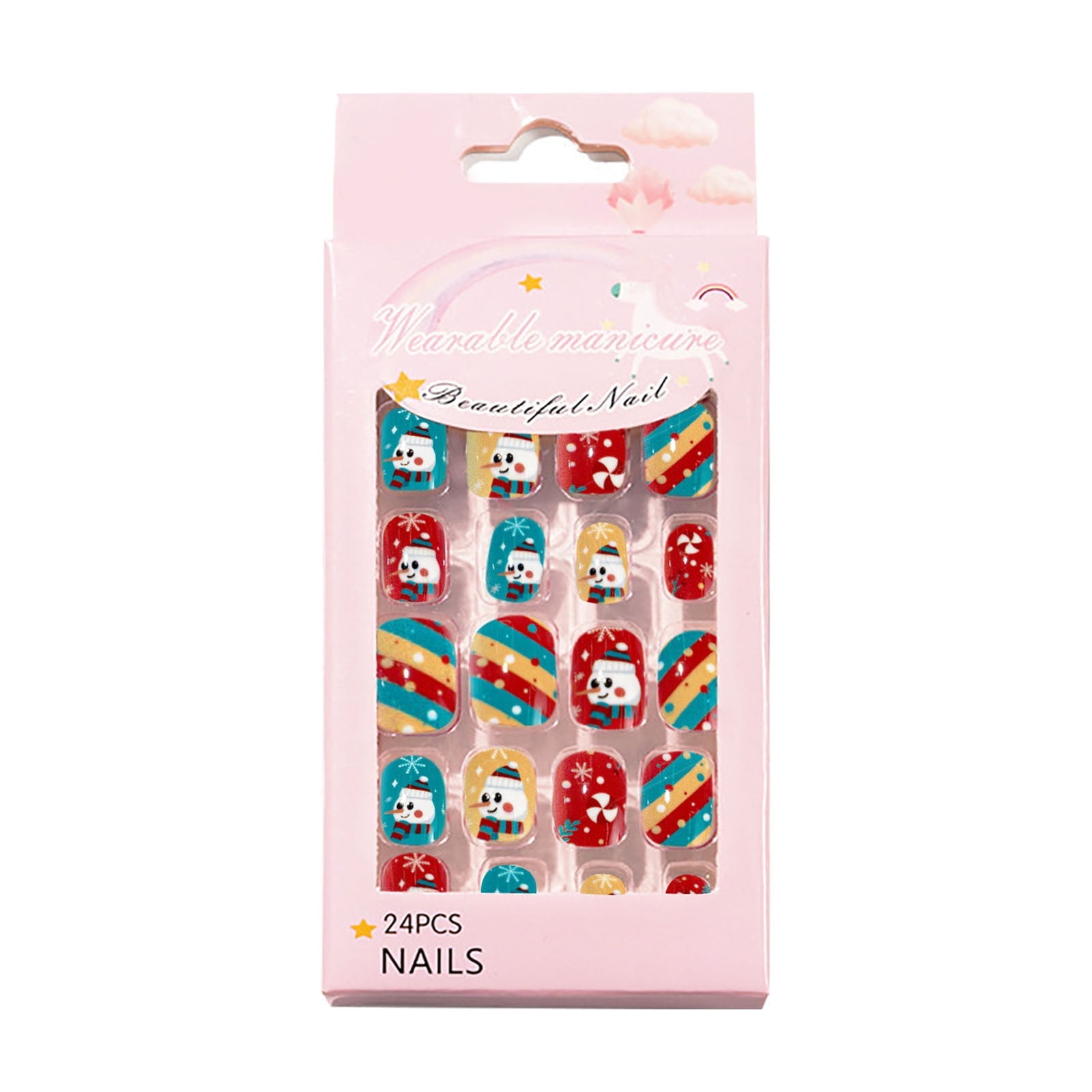 BKBP 24PCS Christmas Acrylic Fake Nails Press on Nails for Kids Stick ...
