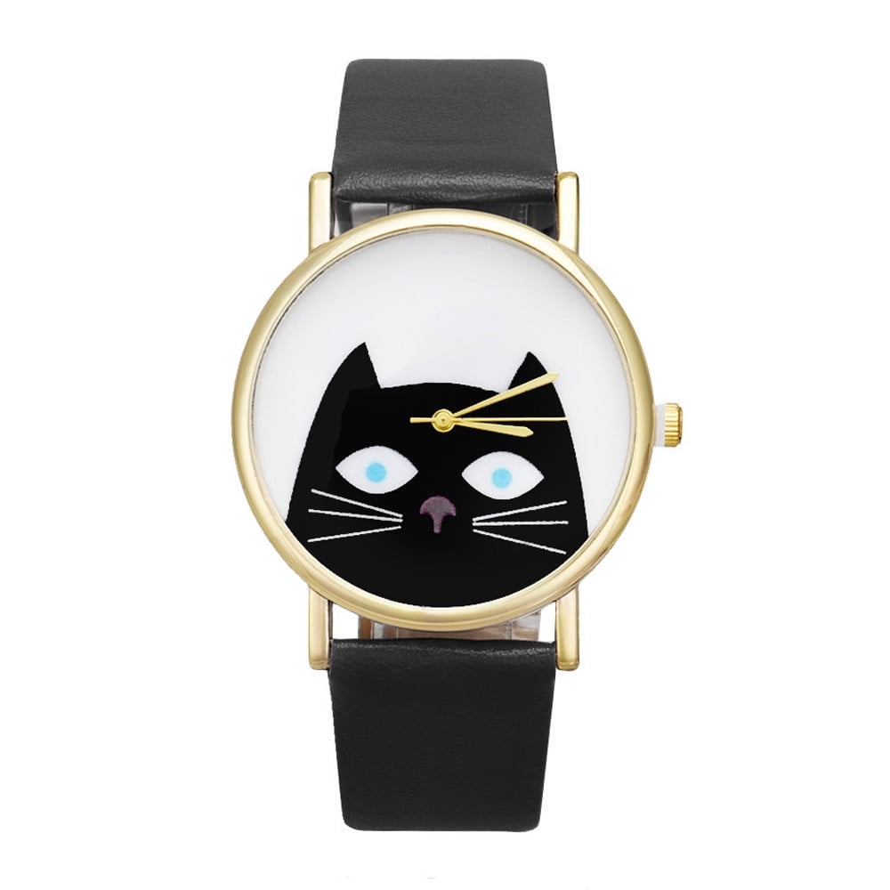 BKBP Cat Pattern Watch Black Band Quartz Women Men Analog Watch Cat ...