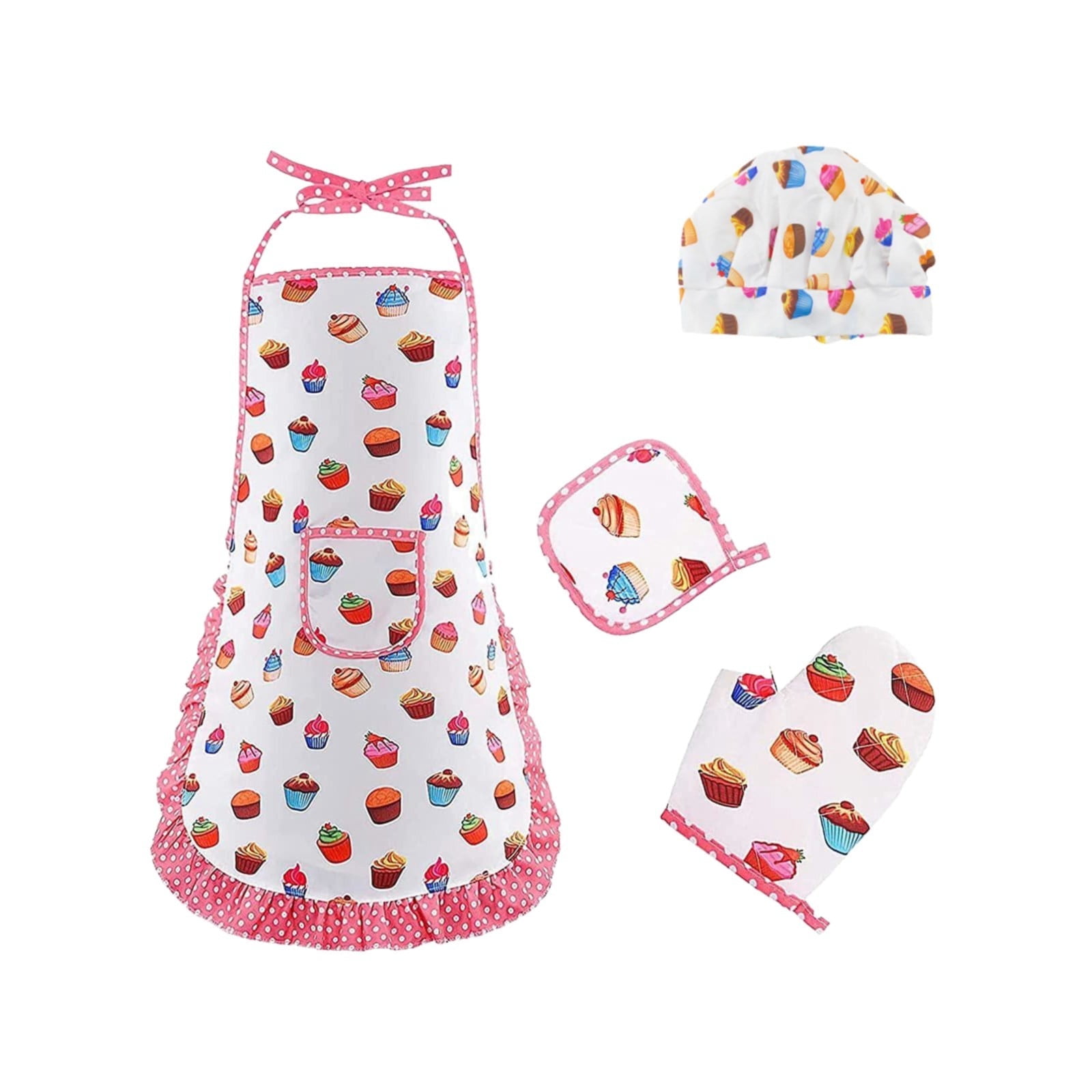 BKBP Kitchen Girls Apron, Age 2-6 Girl Aprons Chef Hat Glove Pot Holder ...