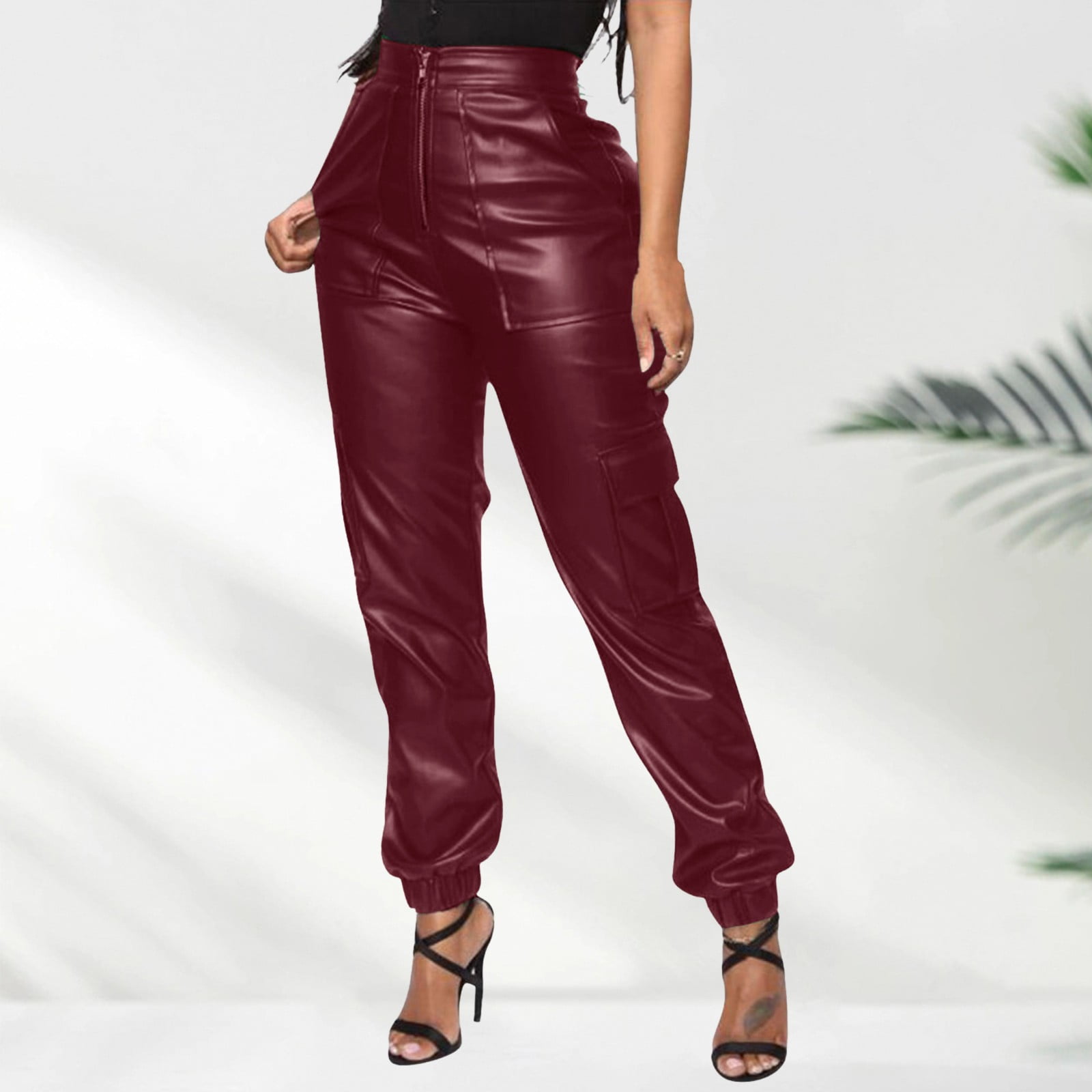 BKQCNKM Cargo Pants Women Women'S Faux Leather Loose Solid Pant High ...