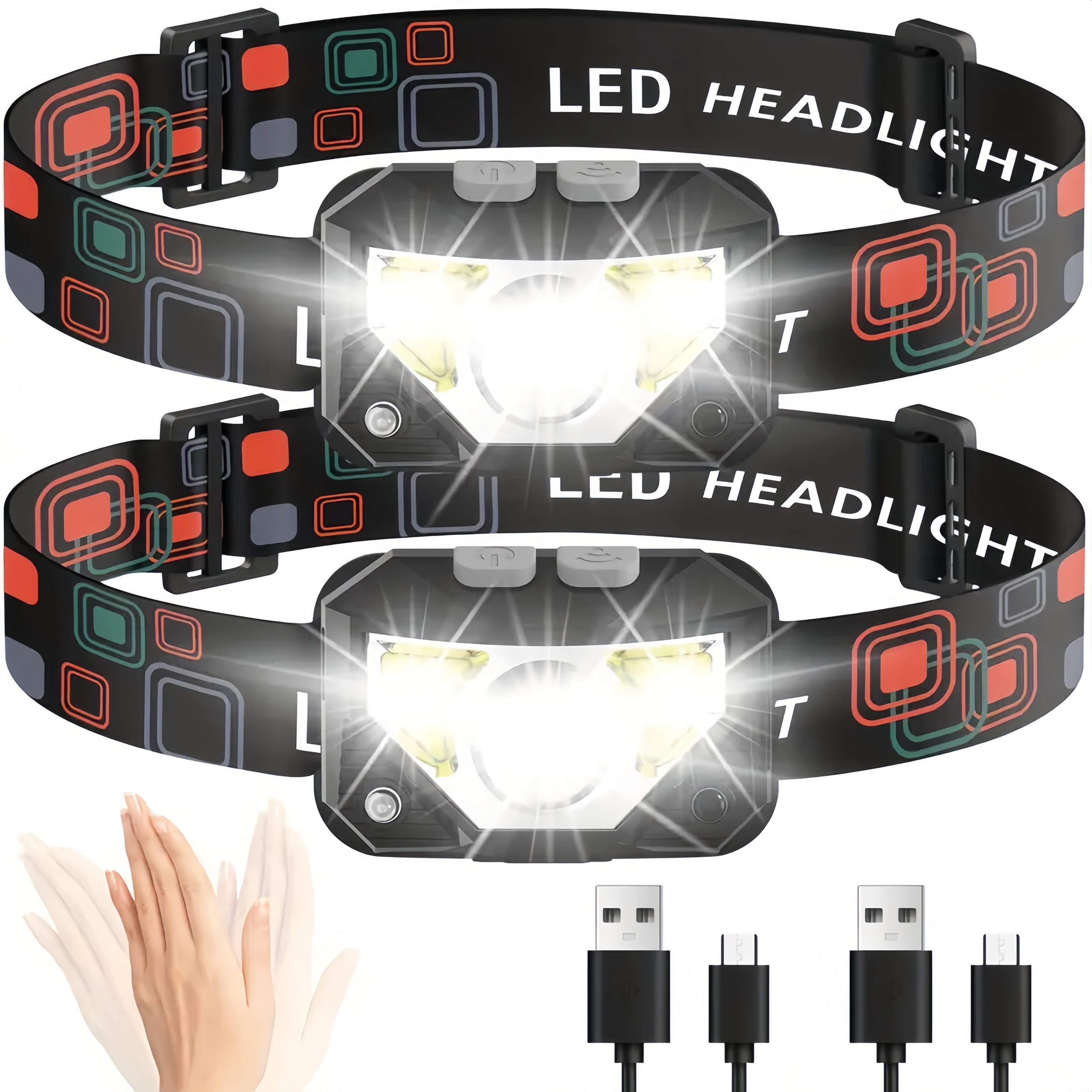 BKSDUEH 2-Pack Rechargeable Headlamps, Head Lamp LED with Motion Sensor ...