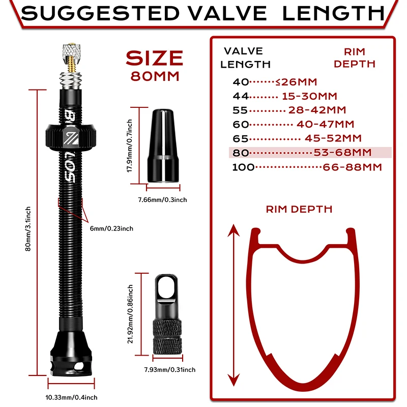 BLACK-80MM-Tubeless Stem, Presta Core Removal Tube, Tool Cap for MTB ...
